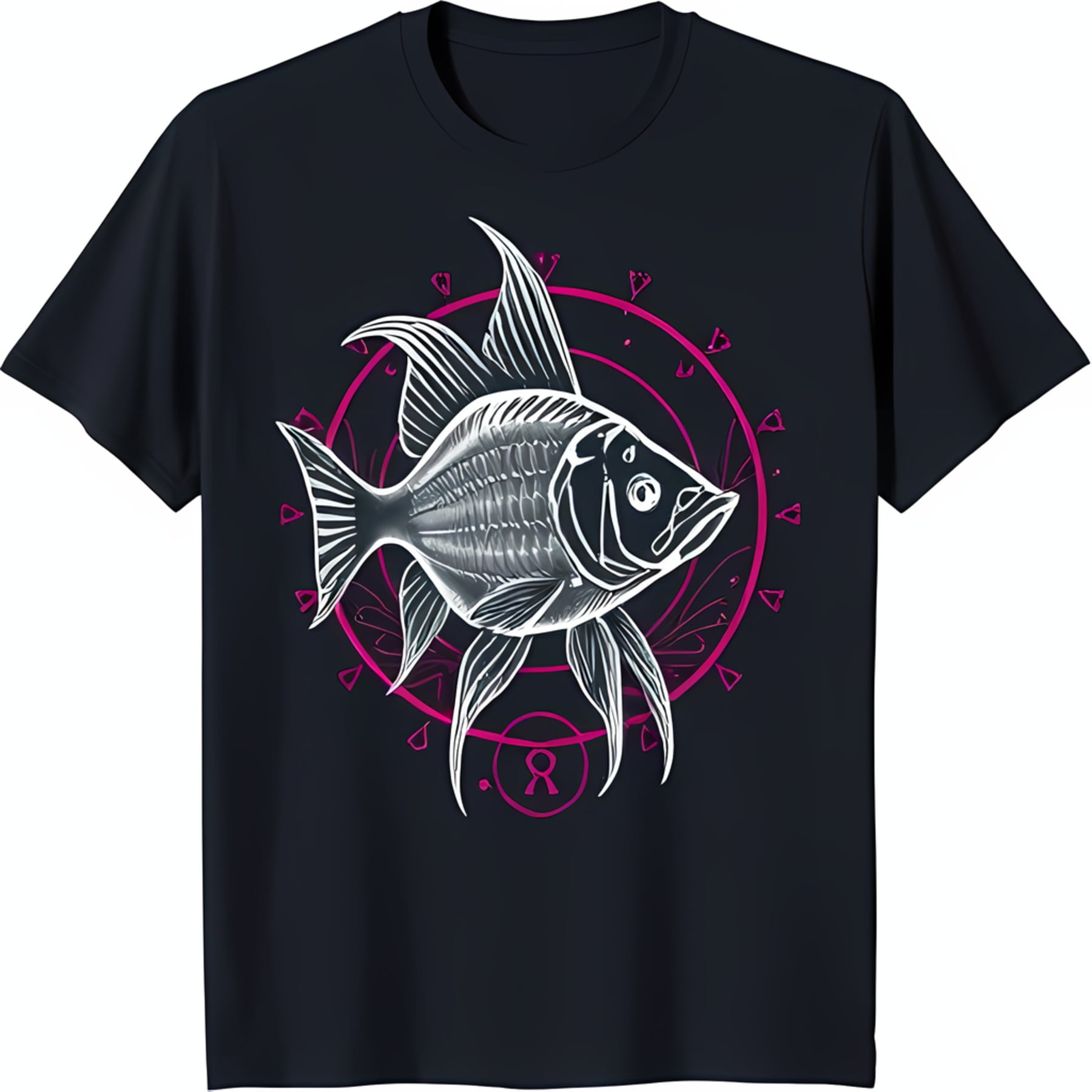 Stylish Black T-Shirt with Minimalist Fish Graphic & Vibrant Pink ...
