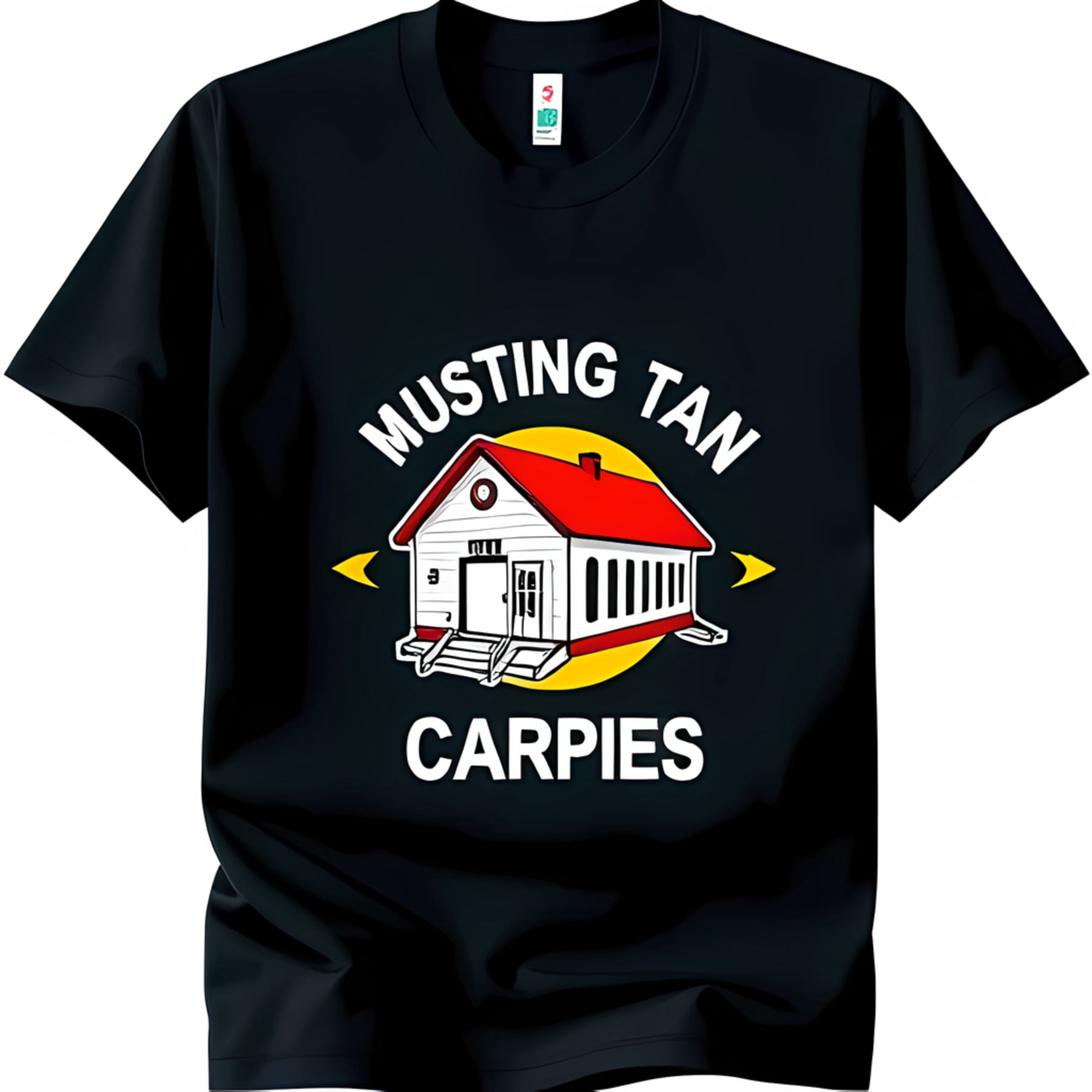 Stylish Black T-Shirt with 'Musting Tan Carpies' Graphic & Red Roof ...