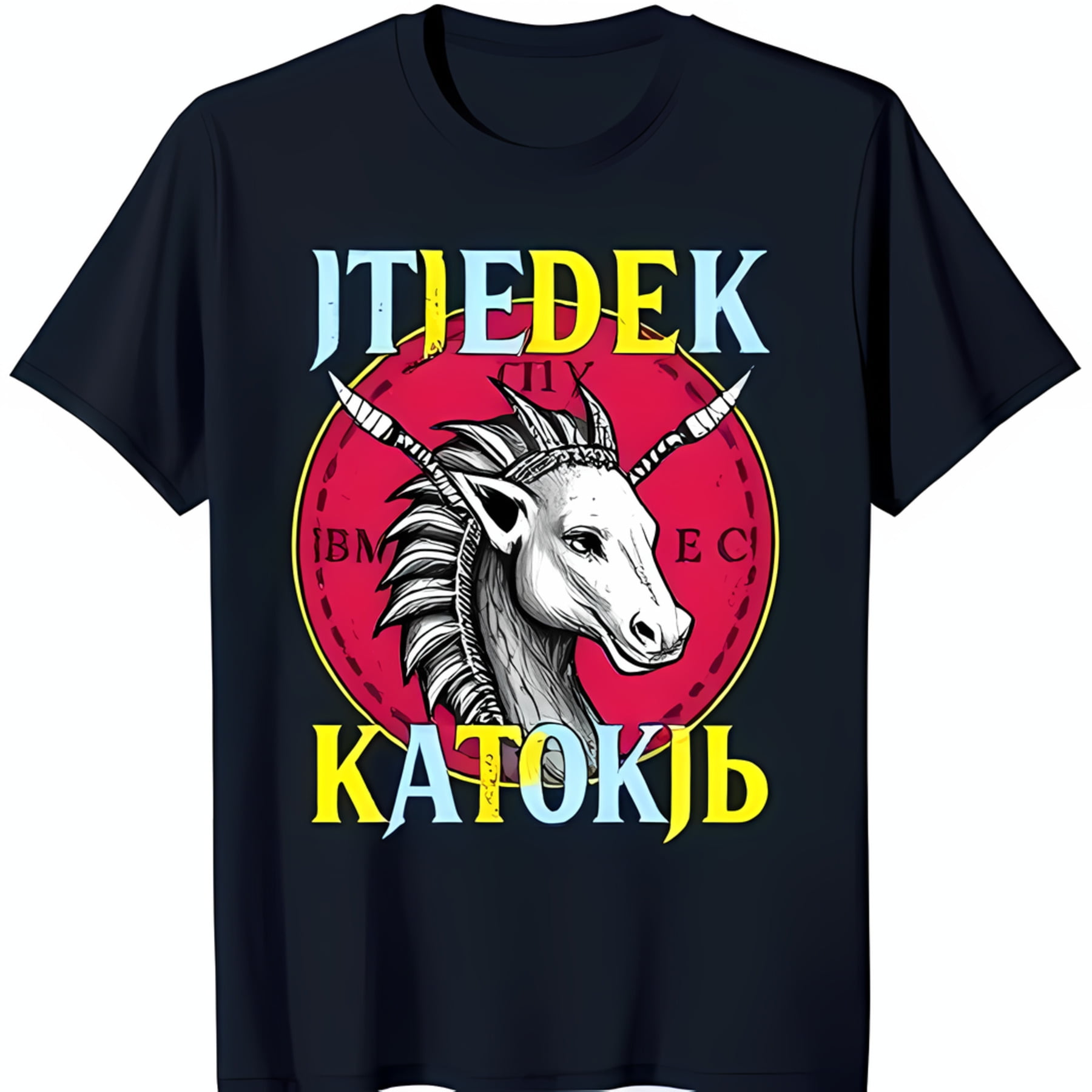 Stylish Black T-Shirt with Mythical Graphic and Bold Cyrillic Design ...