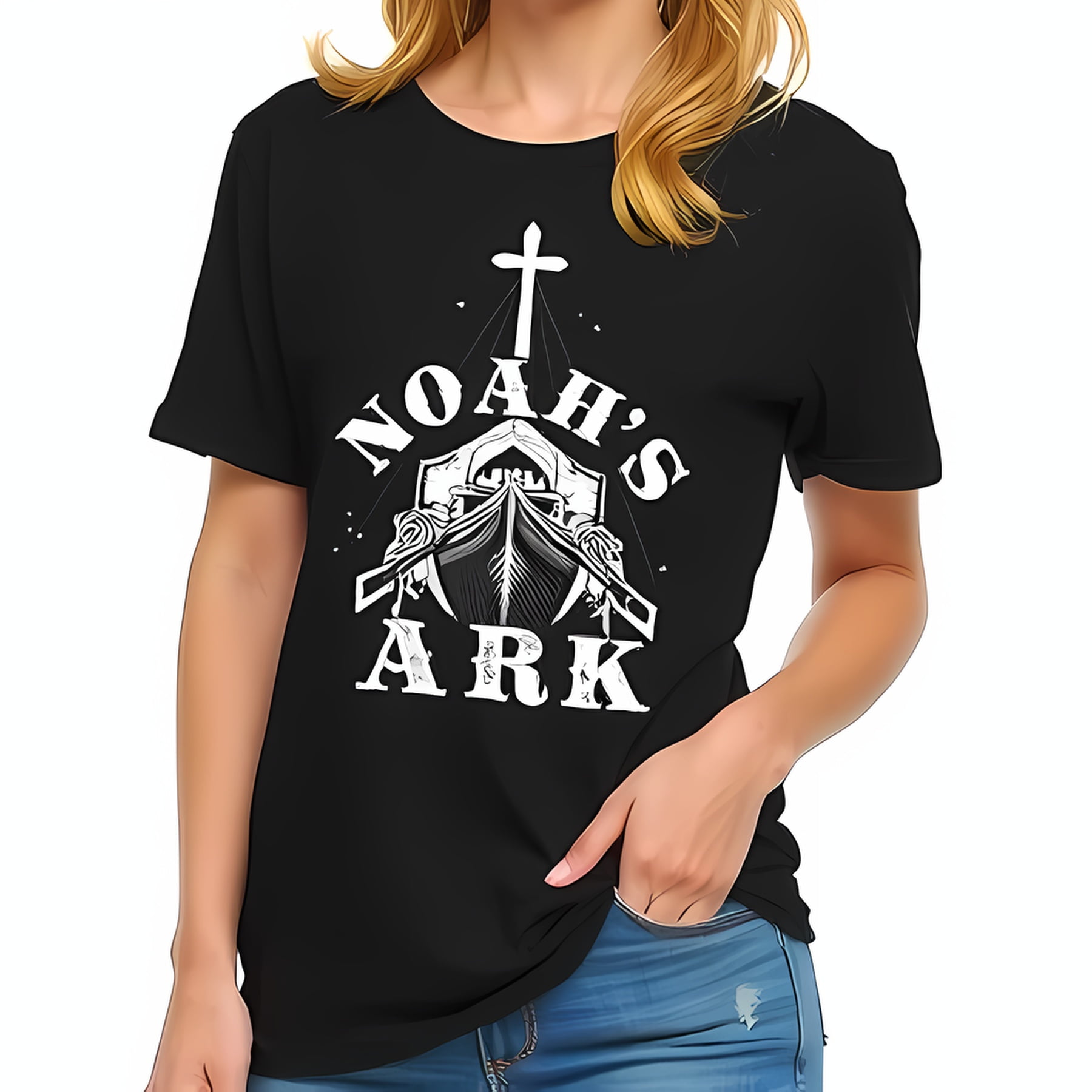 Stylish Black T-Shirt with "NOAH'S ARK" Graphic Design - White Font Crew Neck Short Sleeves ...