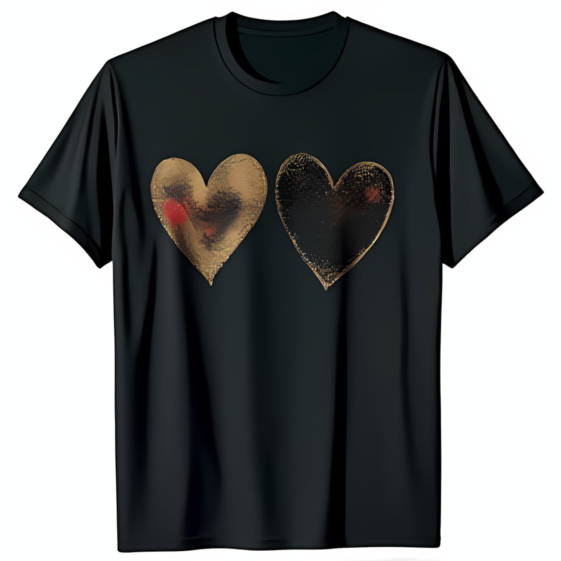 Stylish Black T-Shirt with Overlapping Gold Heart Graphics Unique ...