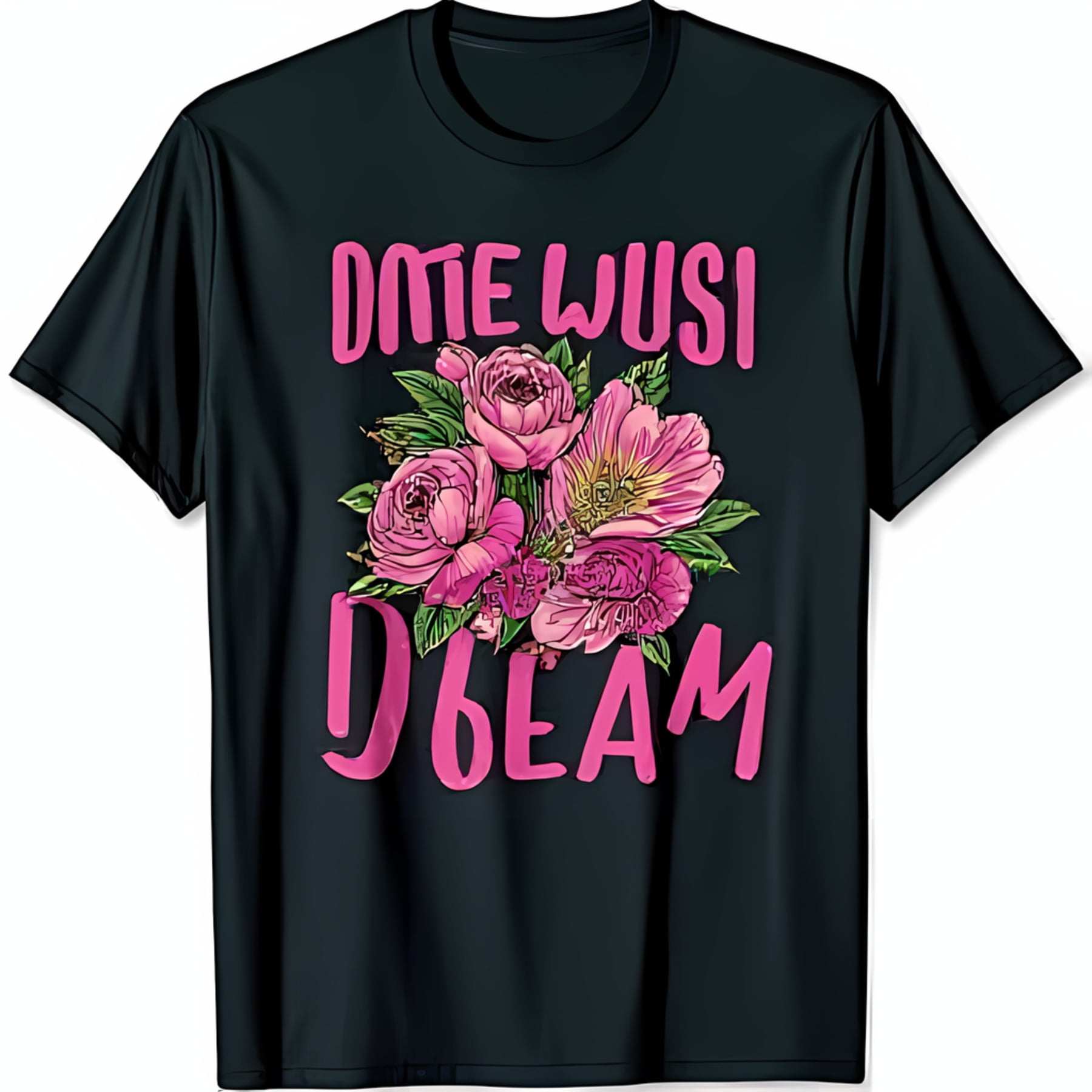 Stylish Black T-Shirt with Pink Floral Design & One Wusi Dream Graphic ...