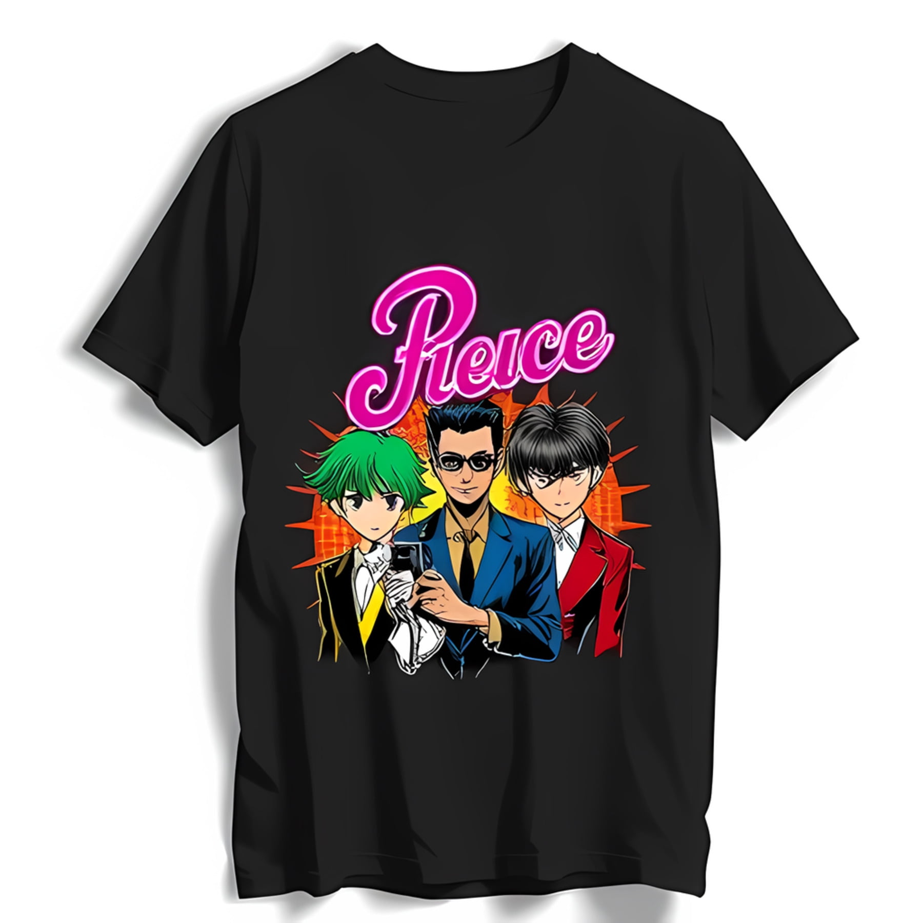 Stylish Black T-Shirt with Pink 'Piece' & Characters Gon Kurapika ...