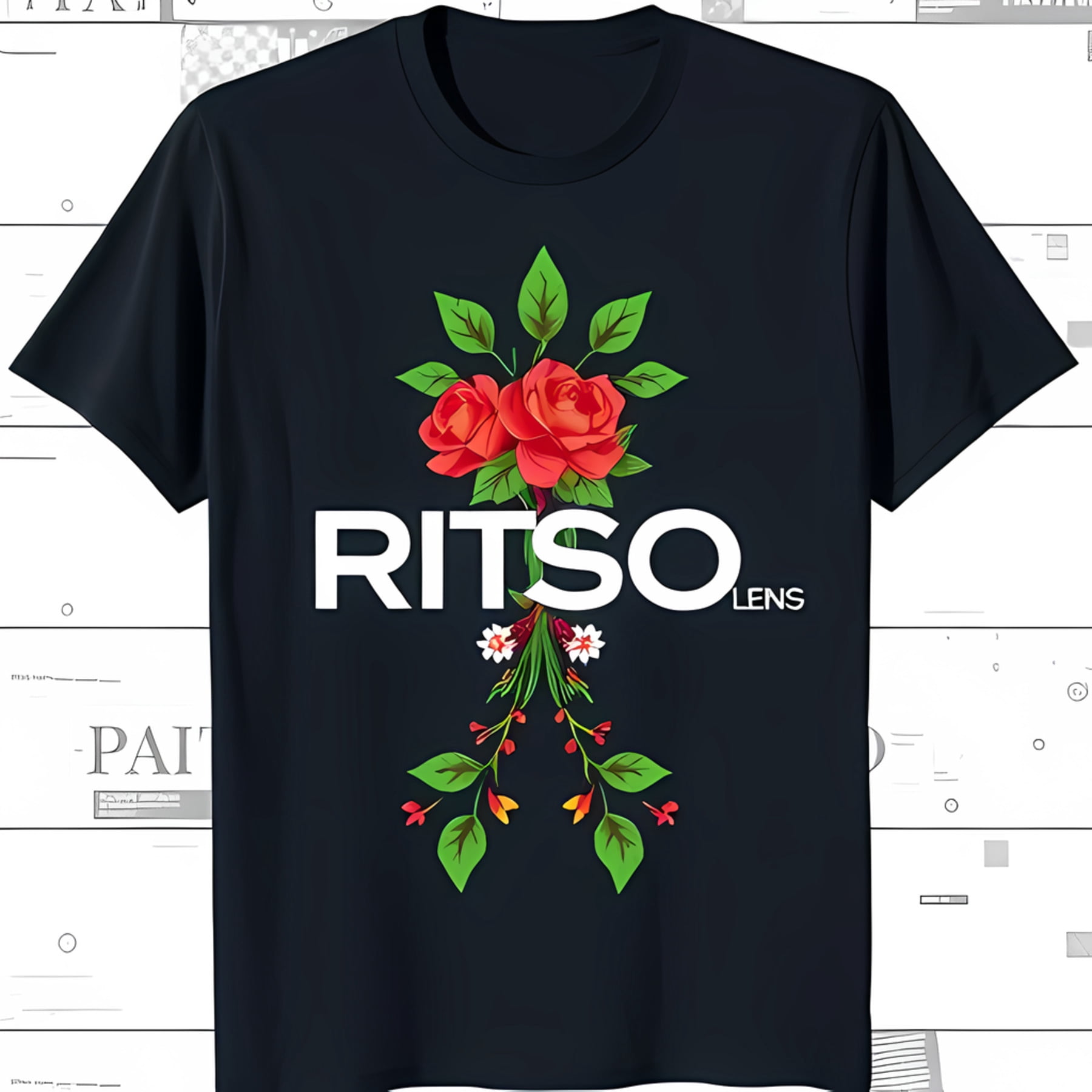 Stylish Black T-Shirt with 'RITSO ' Text & Red Roses Graphic Design ...