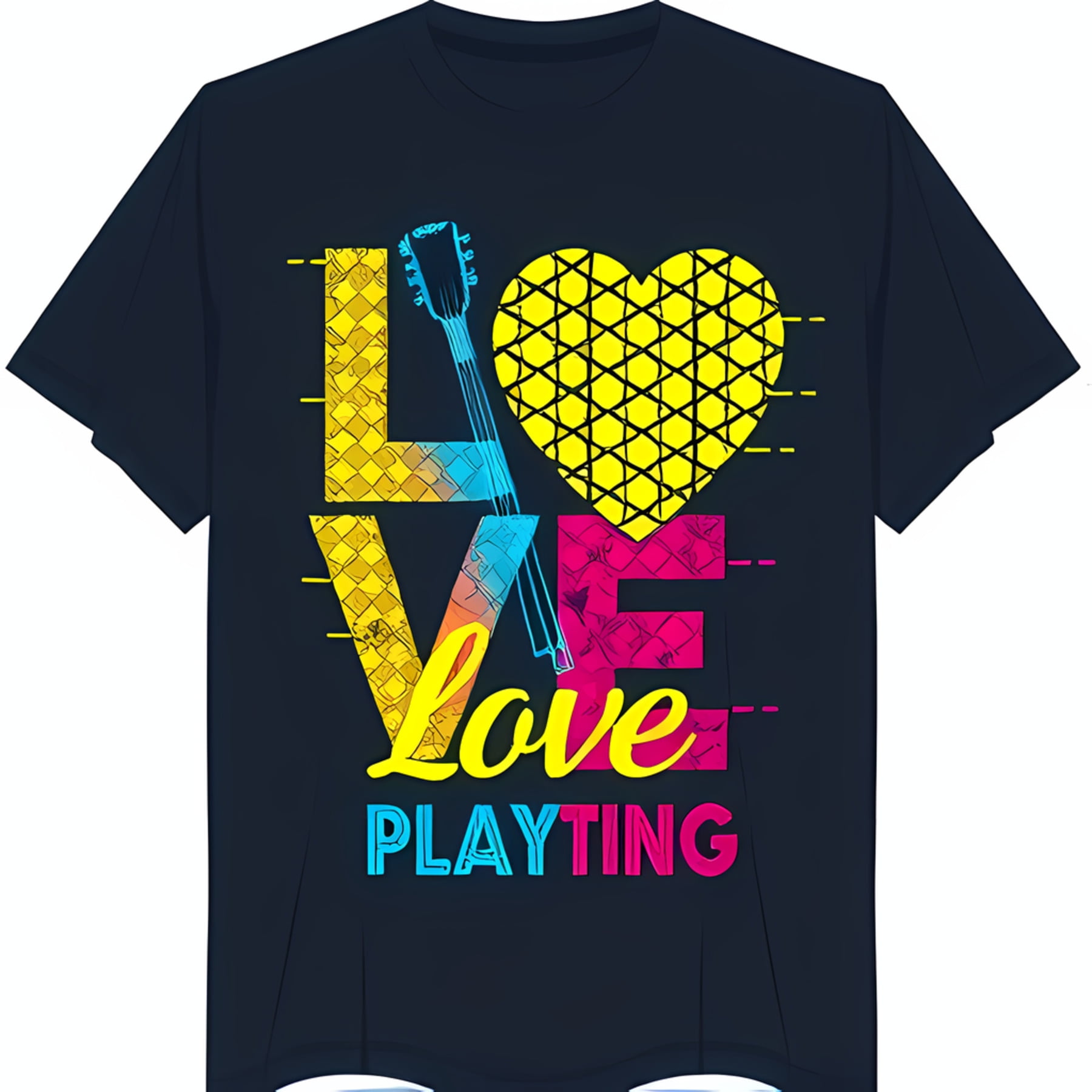 Stylish Black T-Shirt with Retro 'Love Playing' Graphic & Heart Design ...