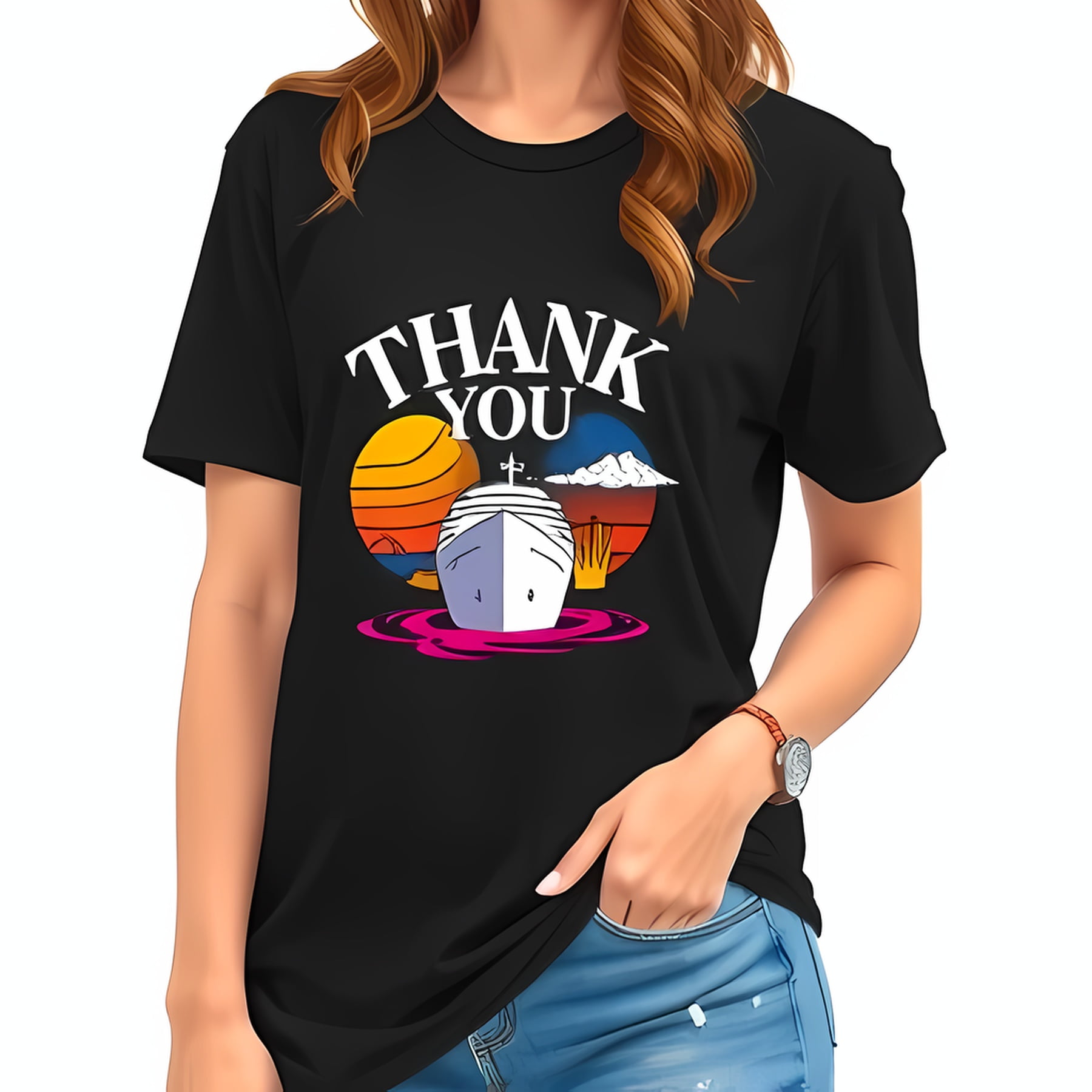 Stylish Black T-Shirt with Retro 'THANK YOU' Graphic Design & Sinking Cruise Ship - Soft Crew ...