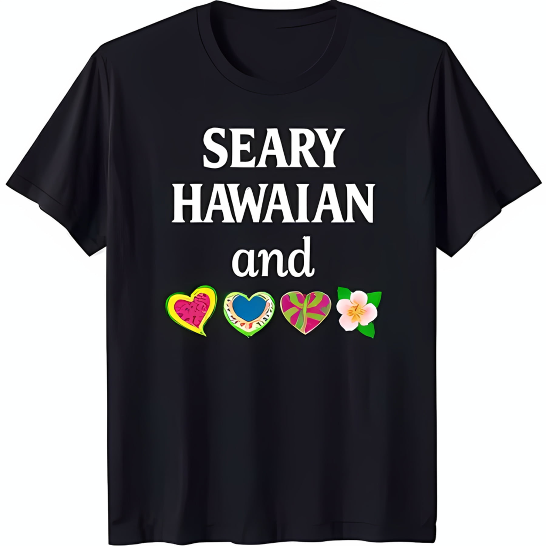 Stylish Black T-Shirt with 'SEARY HAWAIIAN and' Graphic & Colorful ...