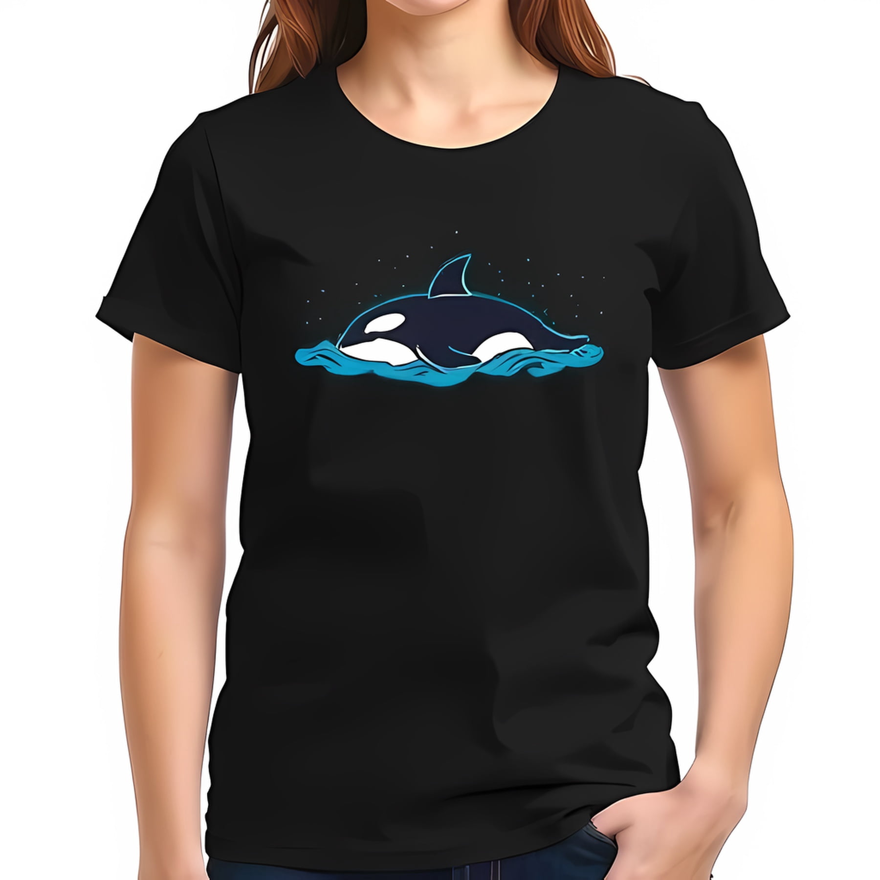 Stylish Black T-Shirt with Serene Orca Whale Illustration Under Starry ...