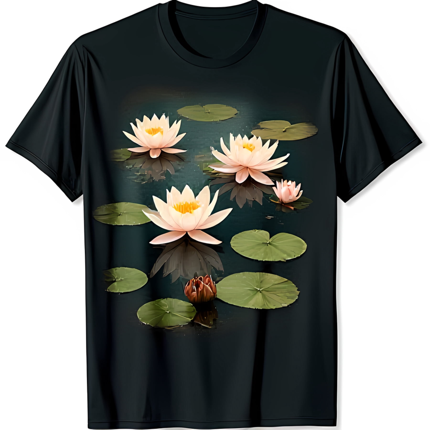 Stylish Black T-Shirt with Serene Water Lilies Graphic Tranquil Pond ...