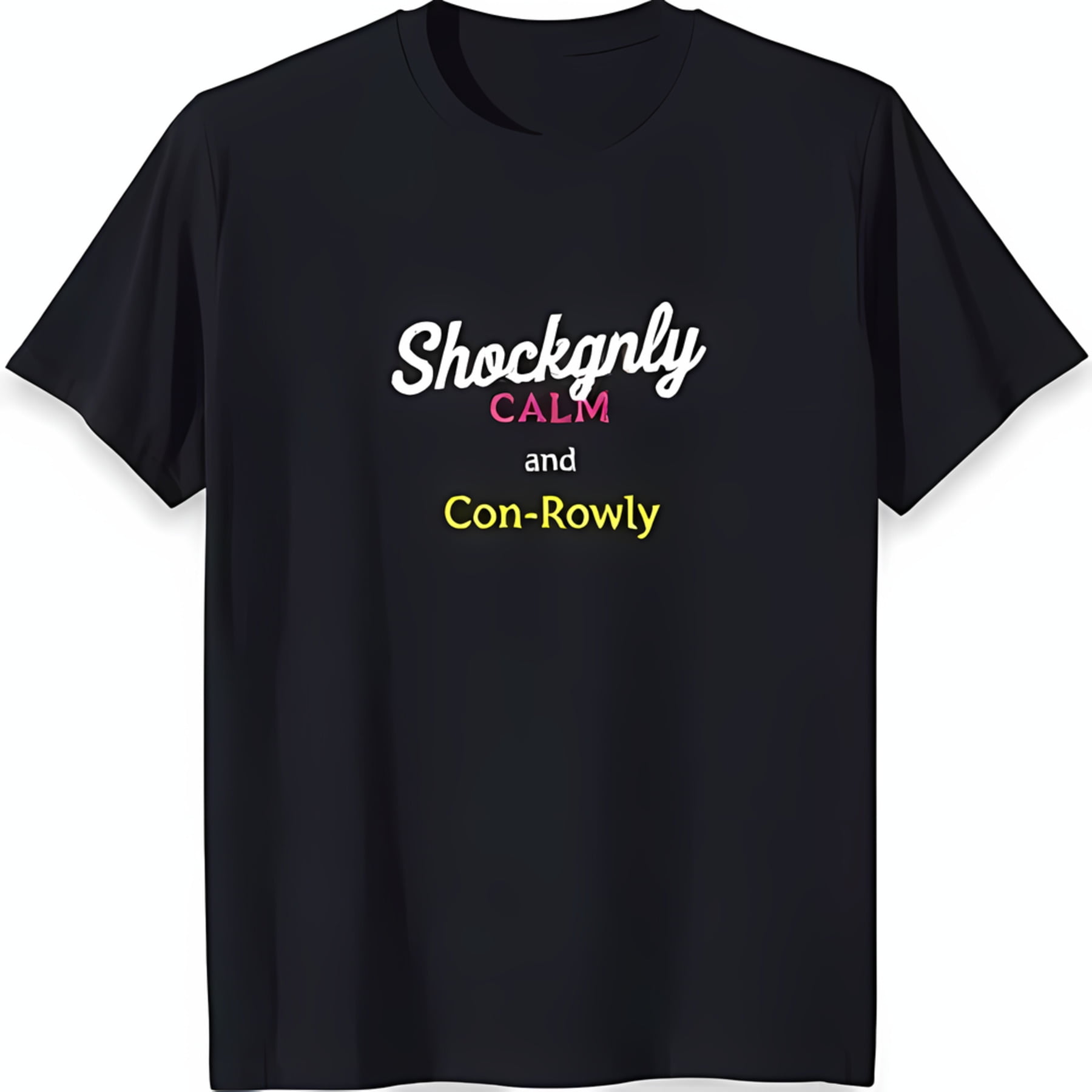 Stylish Black T-Shirt with 'Shockngly Calm' Design White & Pink Text ...