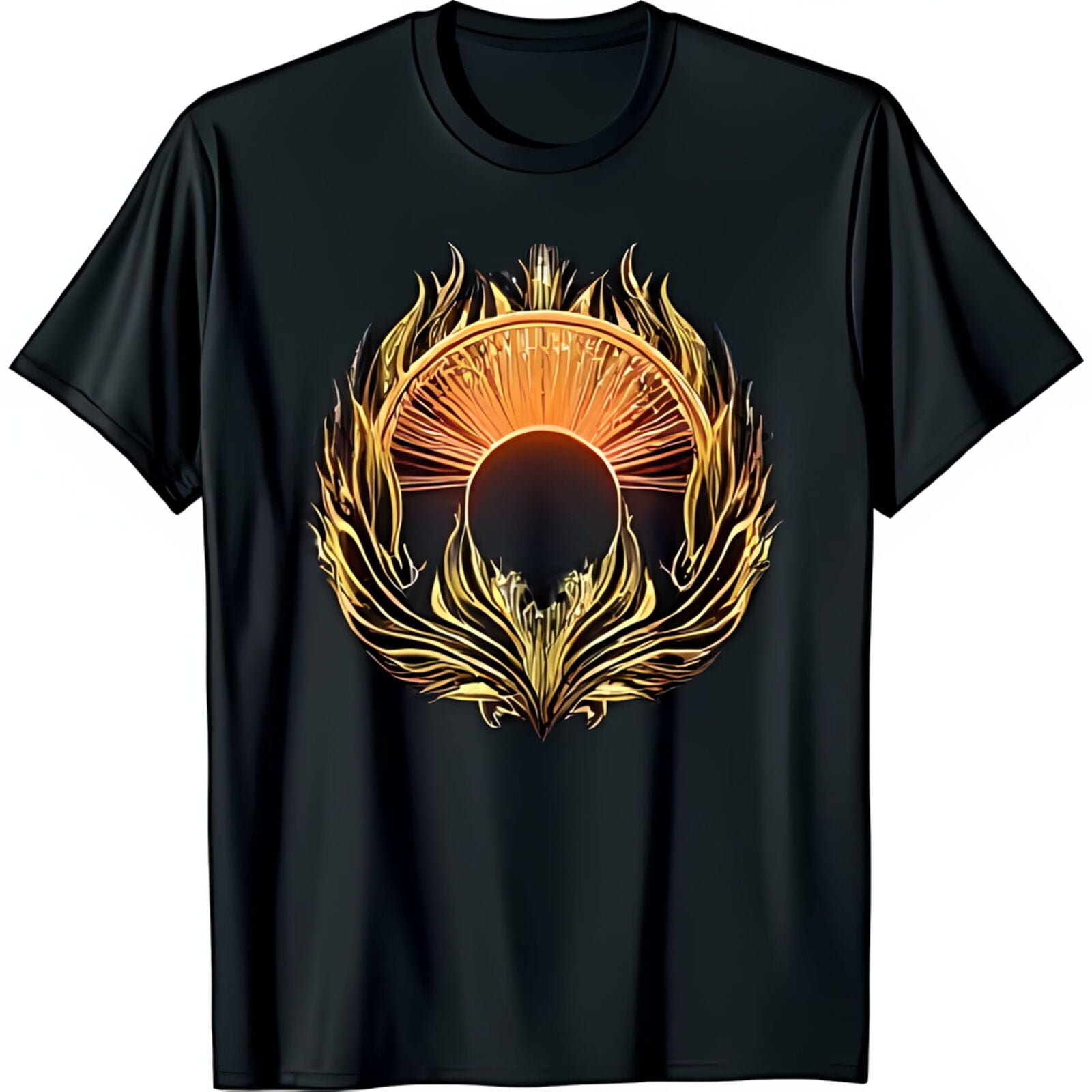 Stylish Black T-Shirt with Stunning Gold Phoenix and Fiery Flame Design ...