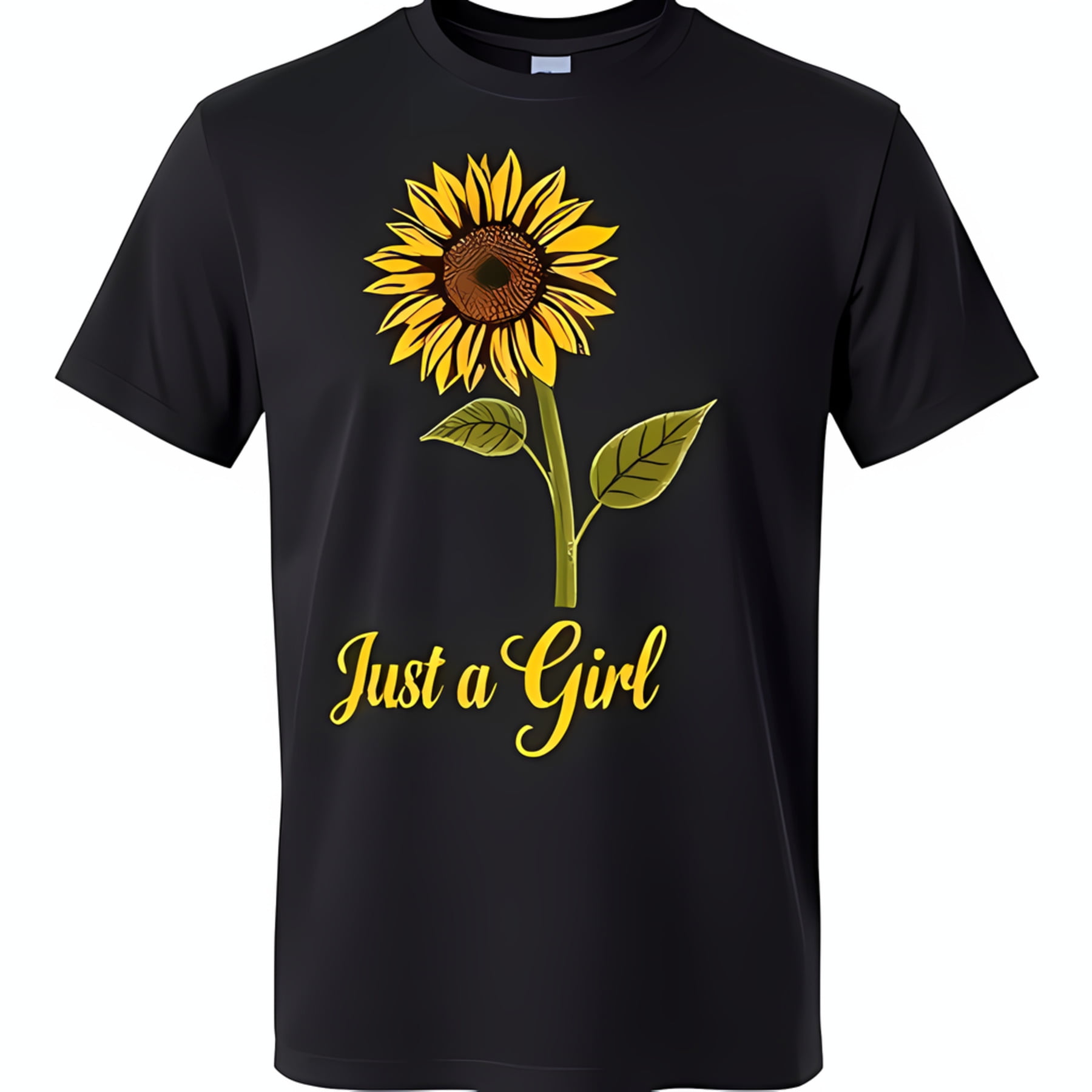 Stylish Black T-Shirt with Sunflower Graphic & 'Just a Girl' Cursive ...