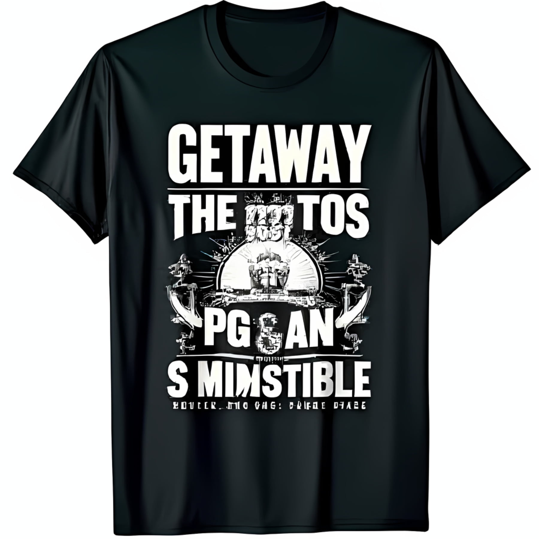 Stylish Black T-Shirt with Unique White Graphic: 'Getaway the tos pg&an ...