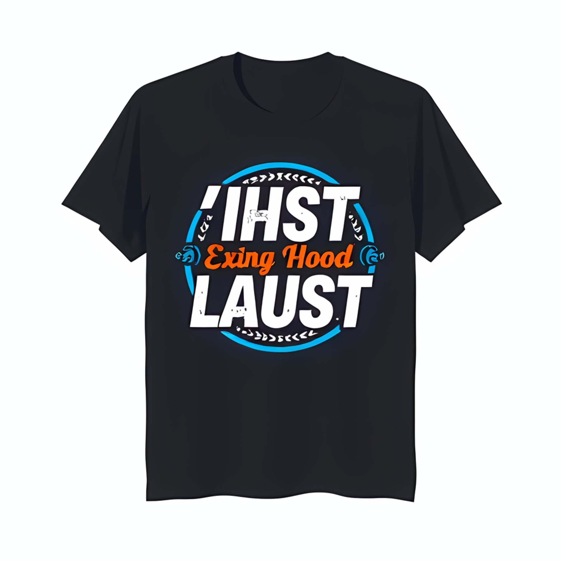 Stylish Black T-Shirt with Vibrant Circular Design 'IHST Exing Hood ...