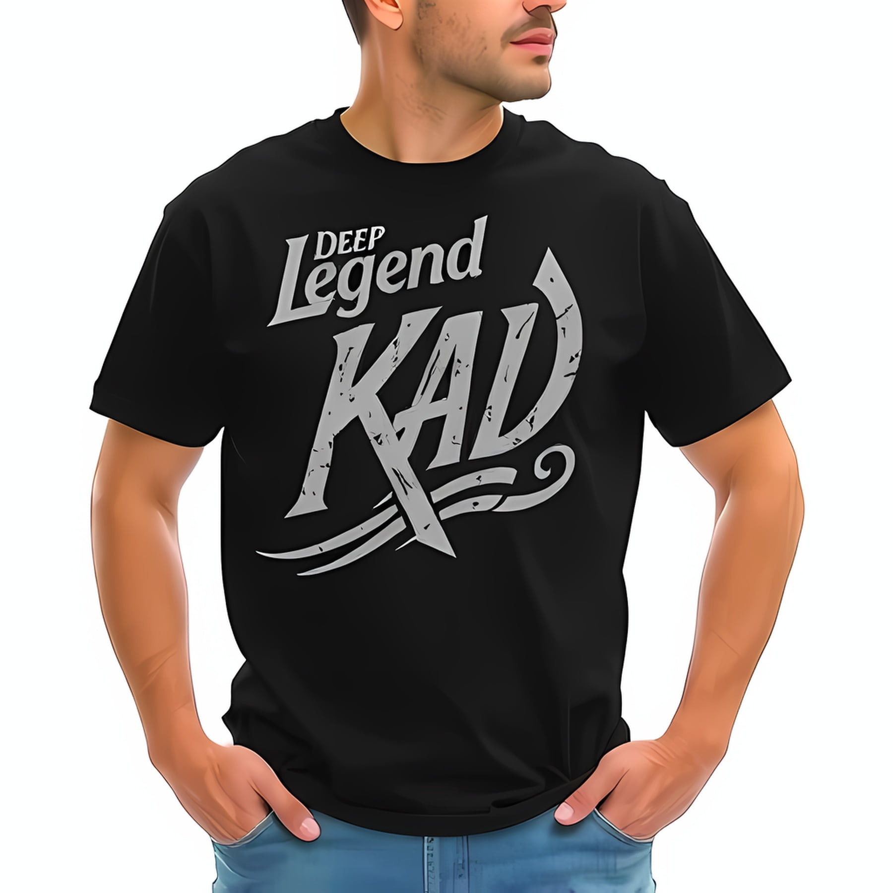 Stylish Black T-Shirt with Vintage 'DEEP LEGEND KAD' Graphic Design ...