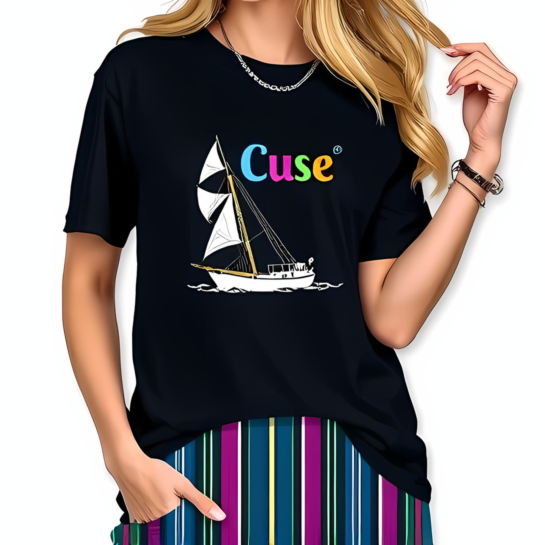 Stylish Black T-Shirt with Whimsical Sailboat Illustration and 'Cuse ...