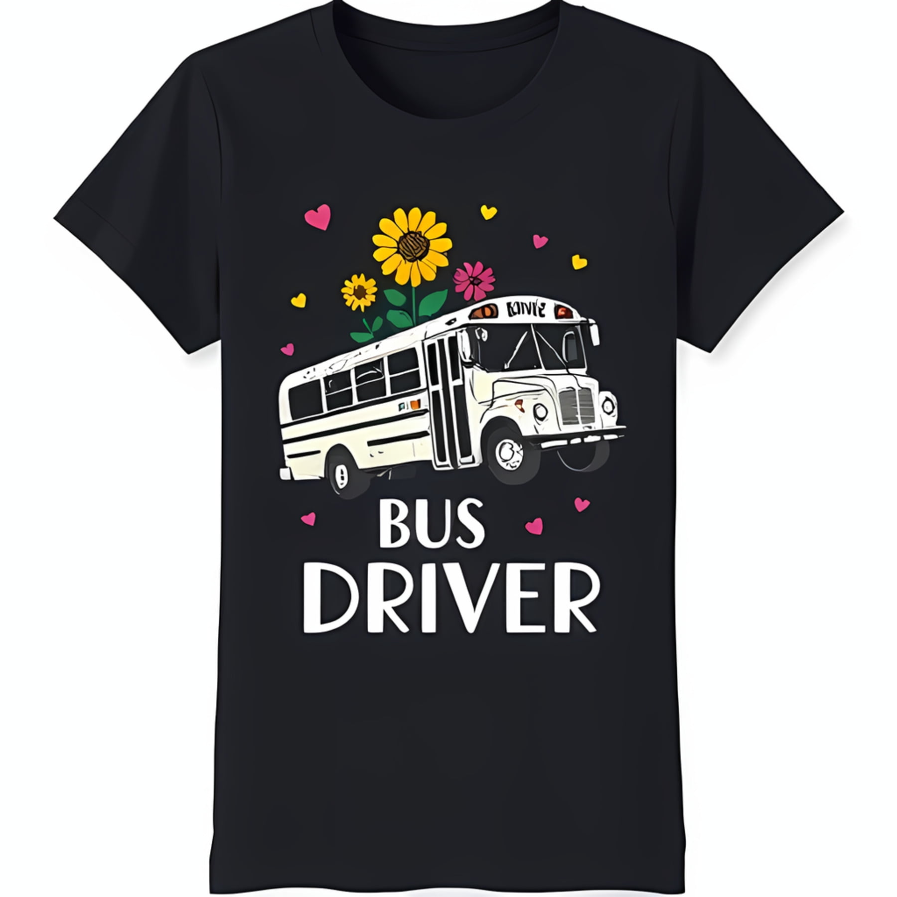 Stylish Black T-Shirt with White School Bus Graphic Hearts & Sunflowers ...