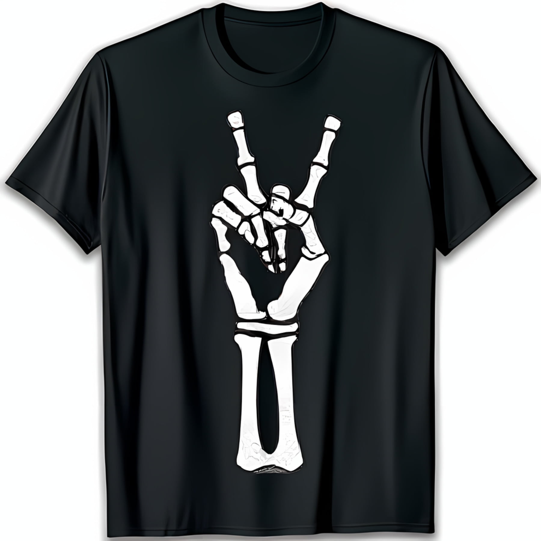 Stylish Black T-Shirt with White Skeleton Hand Peace Sign Graphic Edgy ...