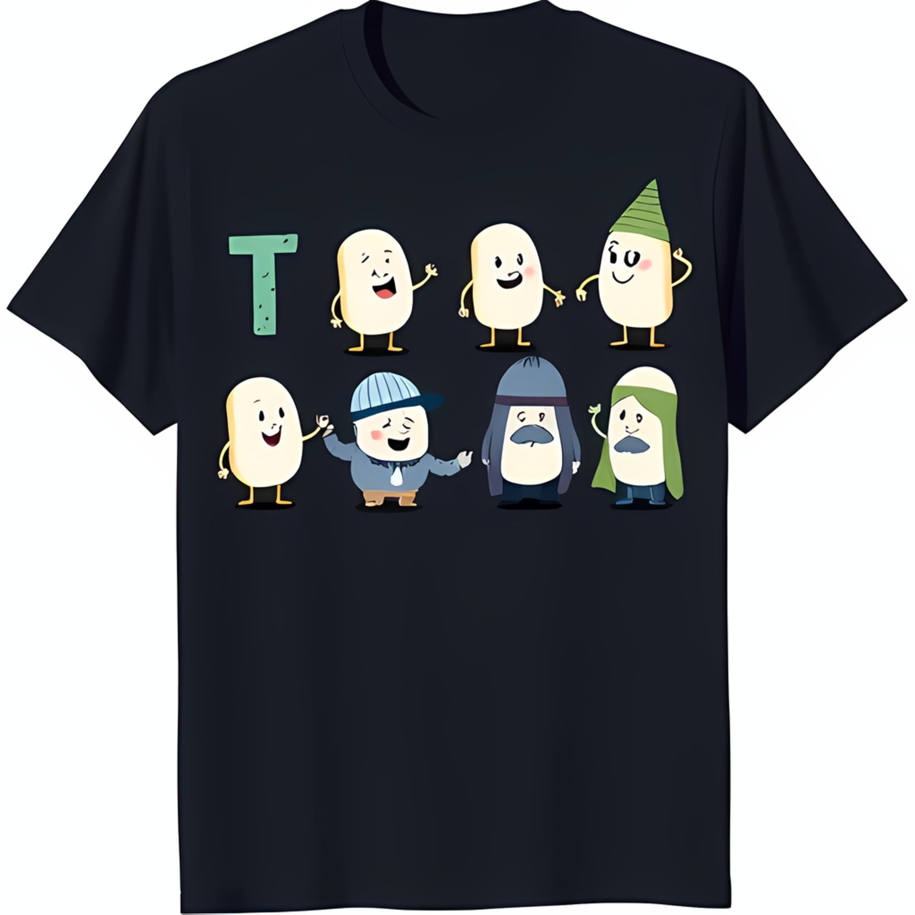 Stylish Black T-Shirt with White 'T' Graphic and Fun Cartoon Characters ...