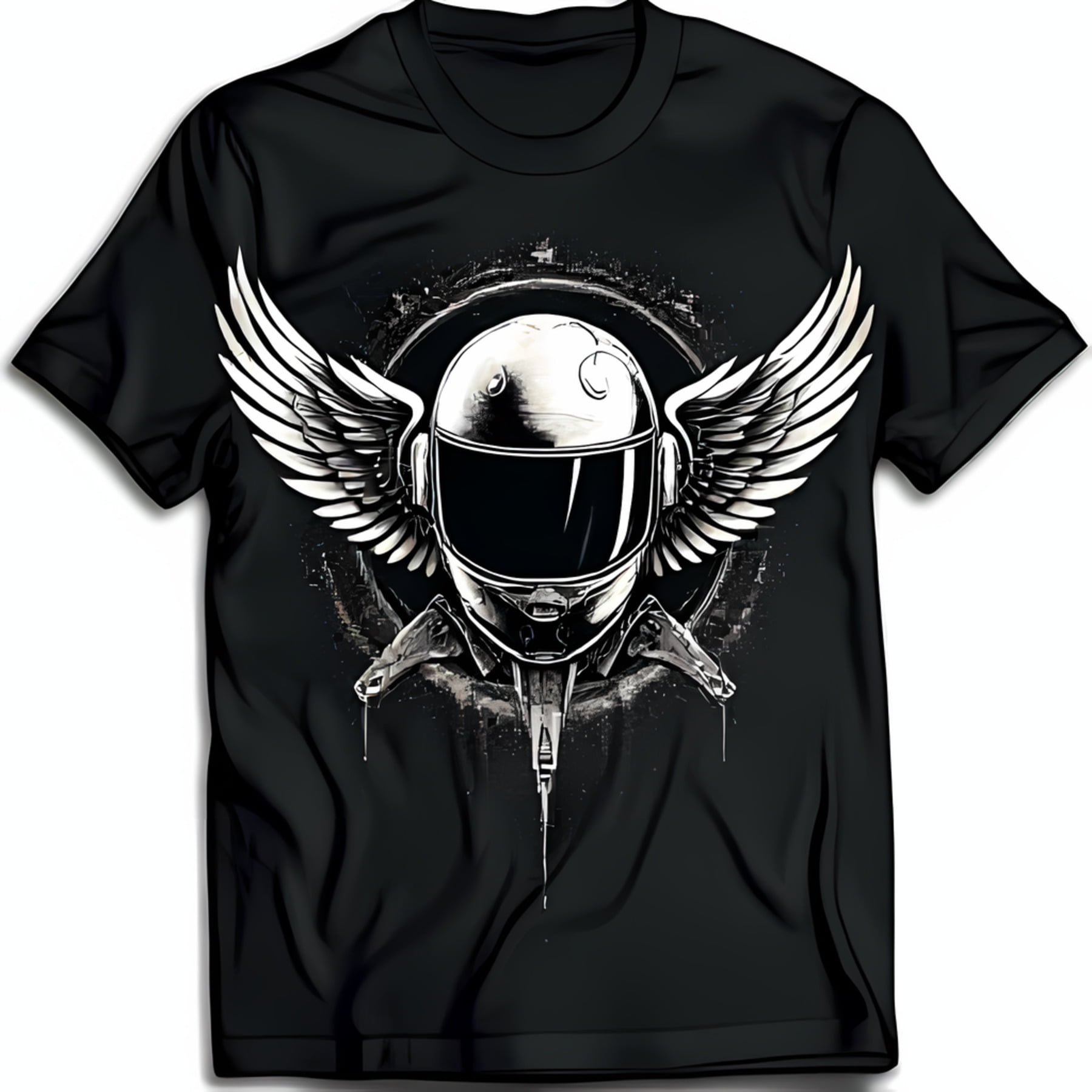 Stylish Black T-Shirt with Winged Graphic & Gritty Splatter Effect ...