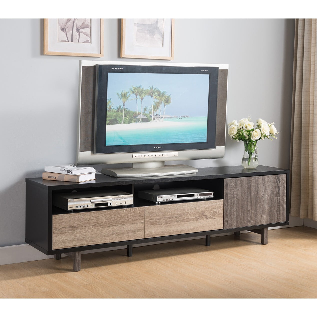 Stylish Black TV Console Cabinet with Dark Taupe and Distressed Grey ...
