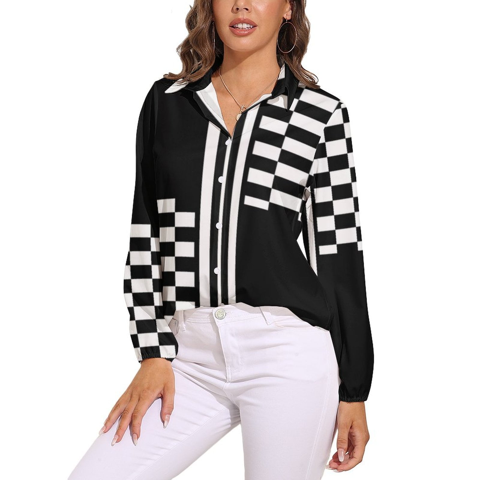 Stylish Black And White Check And Stripes Long Sleeve Blouse Woman ...