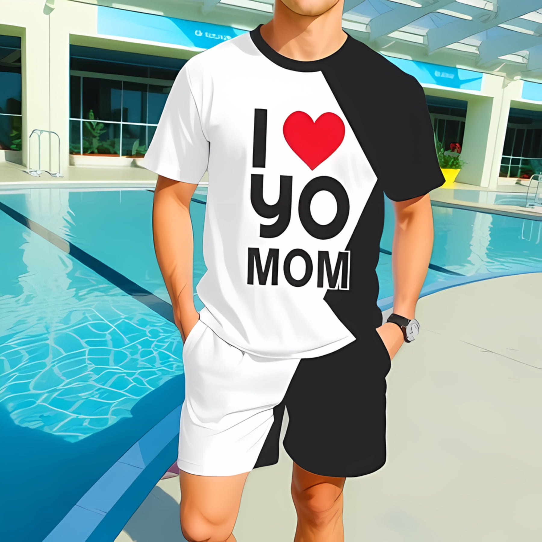 Stylish Black & White Diagonal Split T-Shirt and Shorts Set with " I ...