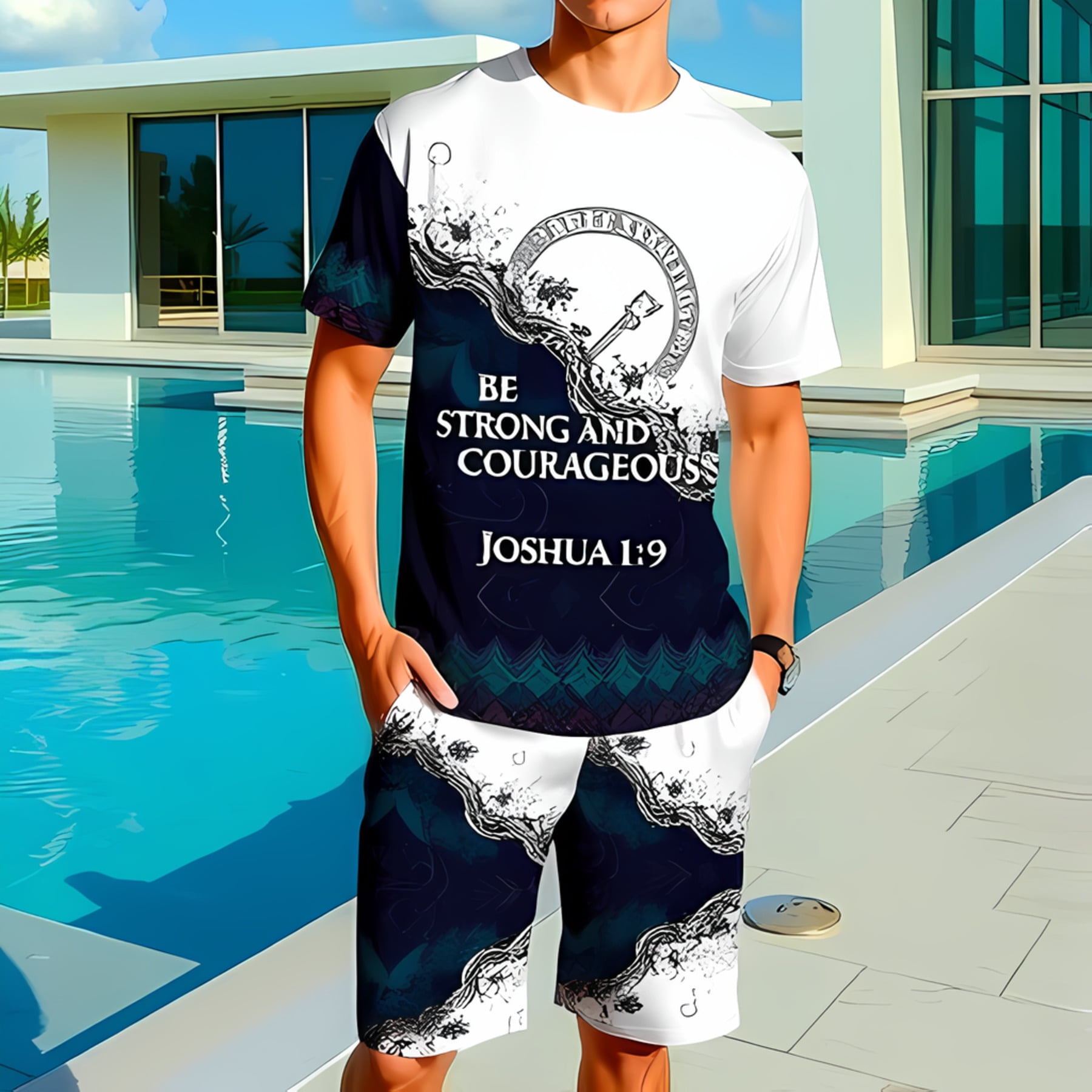 Stylish Black & White Wave Pattern T-Shirt and Shorts Set ...