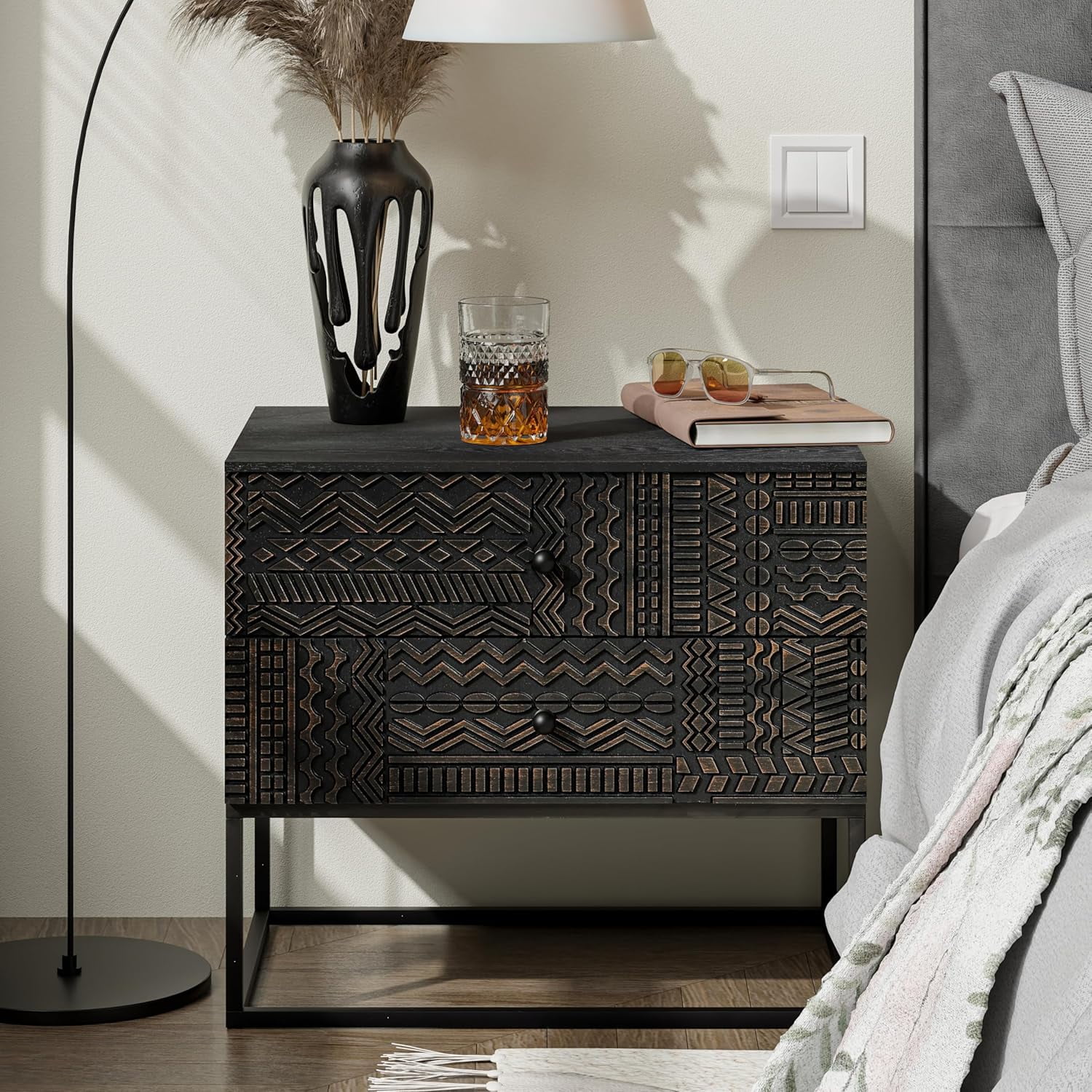 Stylish Black Wood Nightstand with Geometric Drawer Design, 2-Drawer ...
