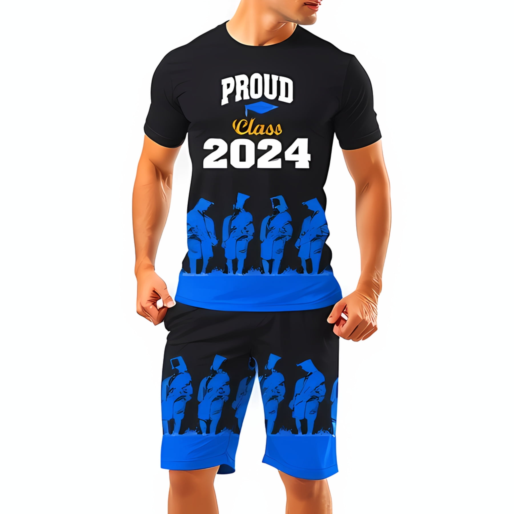 Stylish Black and Royal Blue Graduation T-Shirt and Shorts Set with ...