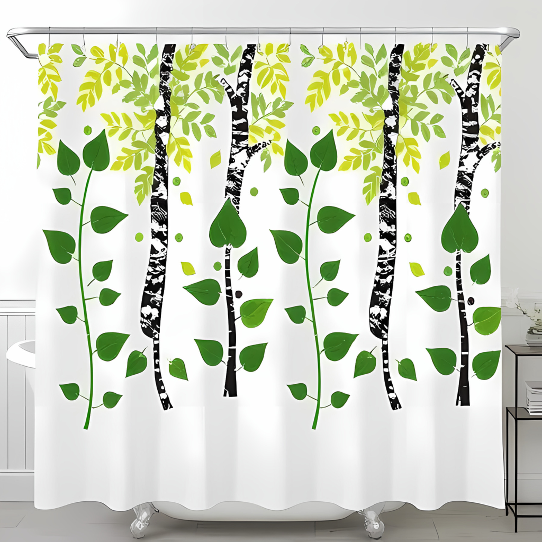 Stylish Black and White Birch Tree Shower Curtain with Vibrant Green ...