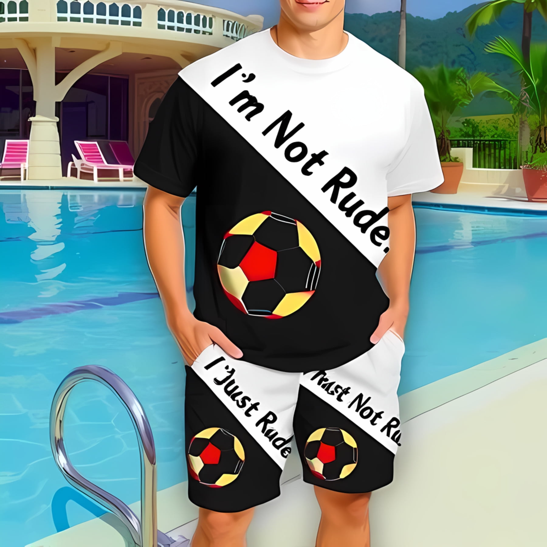 Stylish Black and White Diagonal Design T-Shirt and Shorts Set with ...