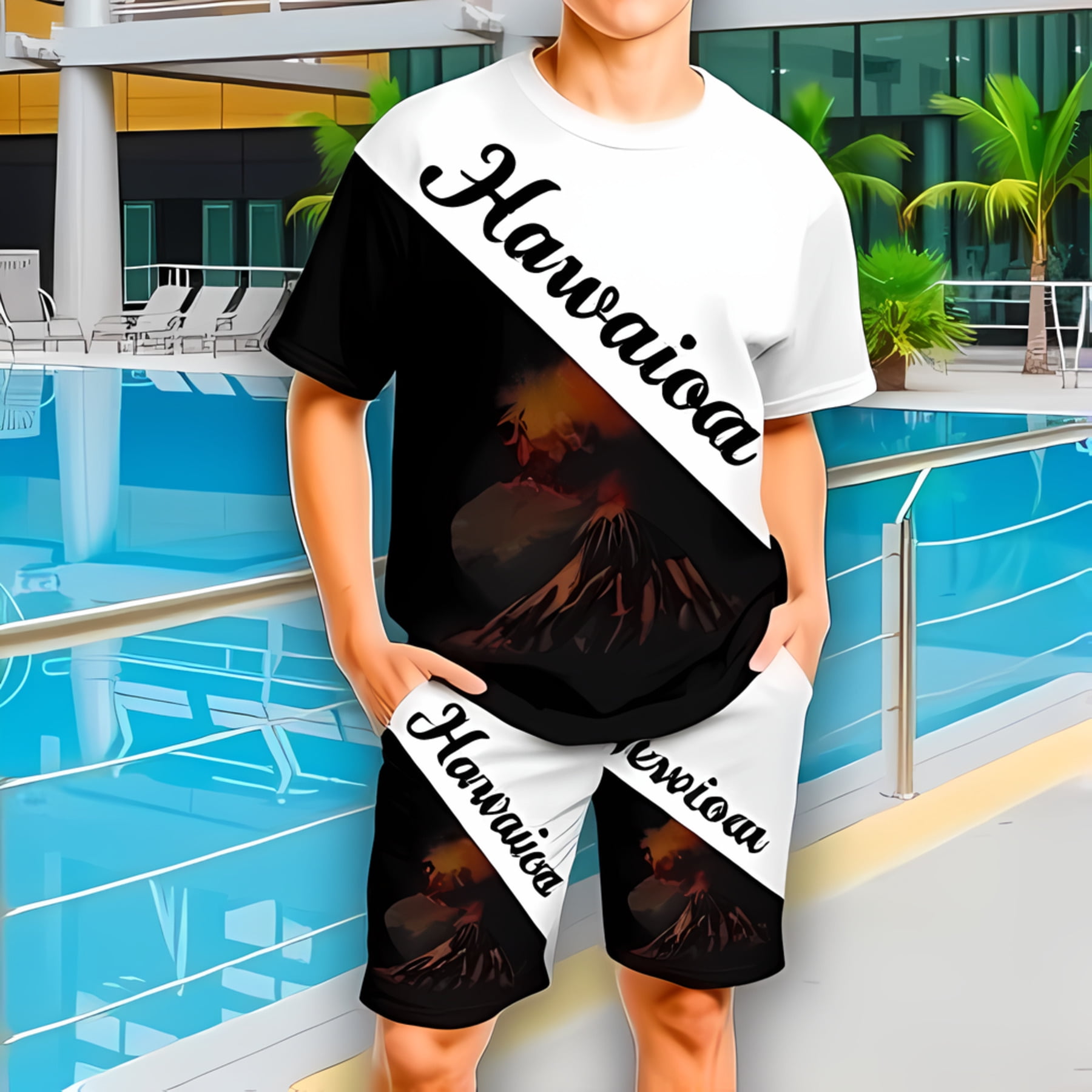 Stylish Black and White Diagonal Split T-Shirt and Shorts Set with ...