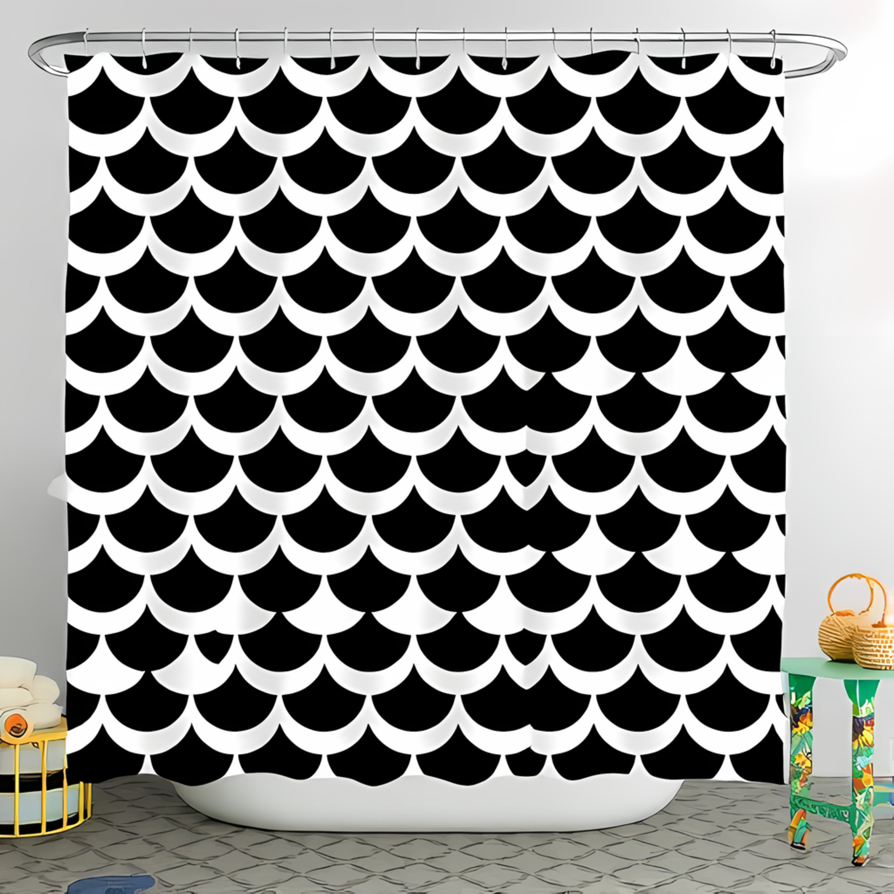 Stylish Black and White Fish Scale Pattern Shower Curtain - Modern ...