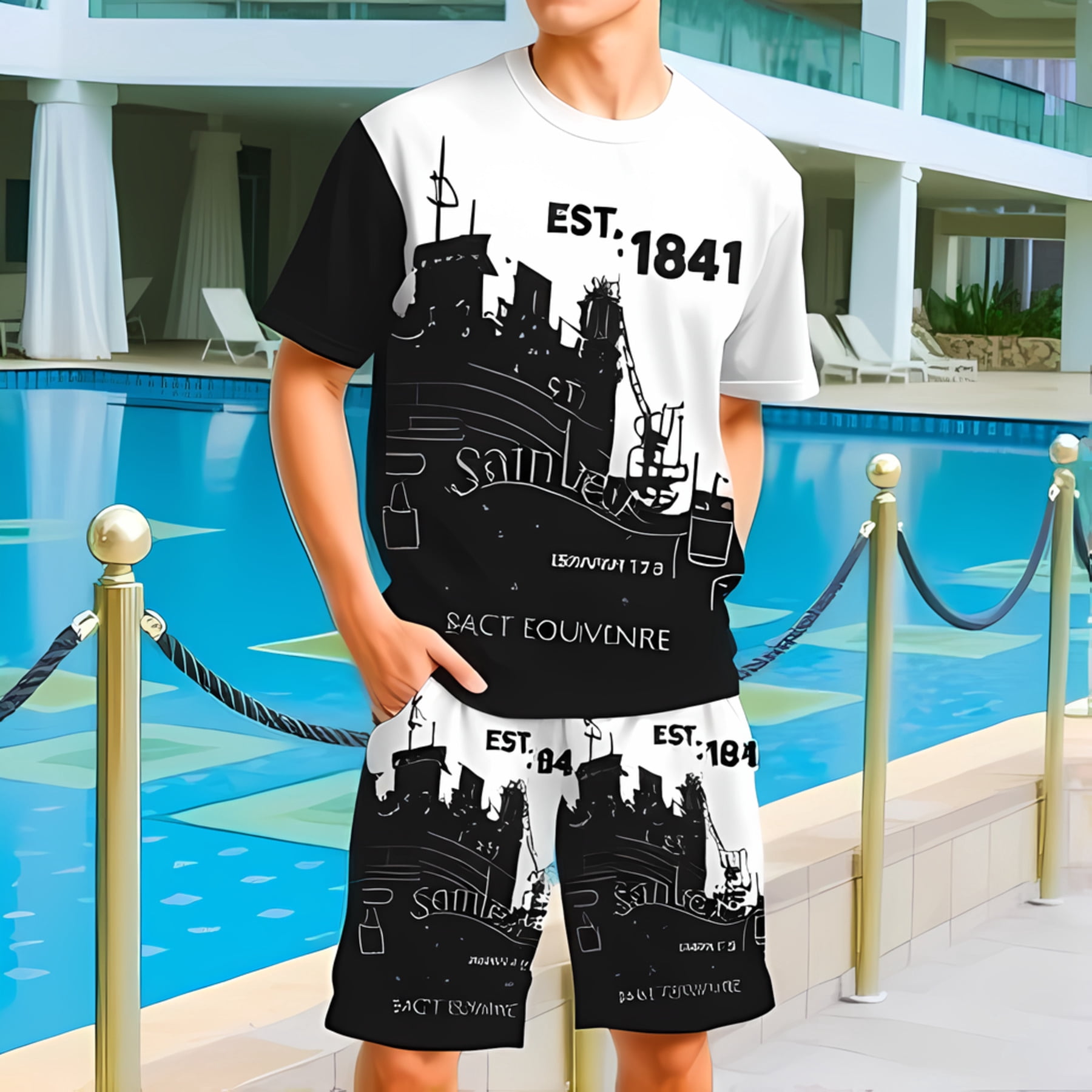 Stylish Black and White Graphic T-Shirt and Shorts Set with Ship Design ...