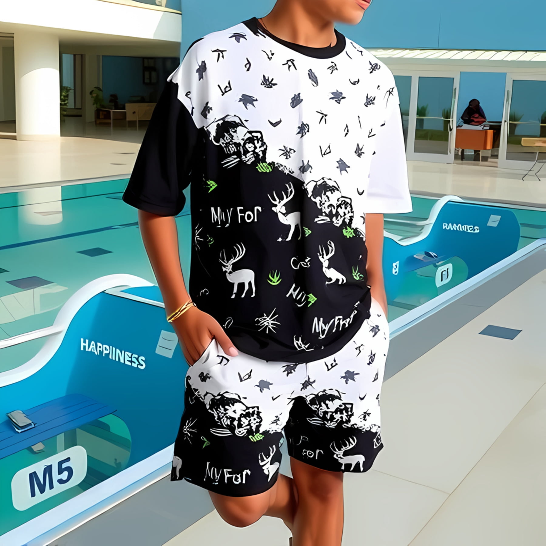 Stylish Black and White T-Shirt and Shorts Set with Deer and Patterns ...