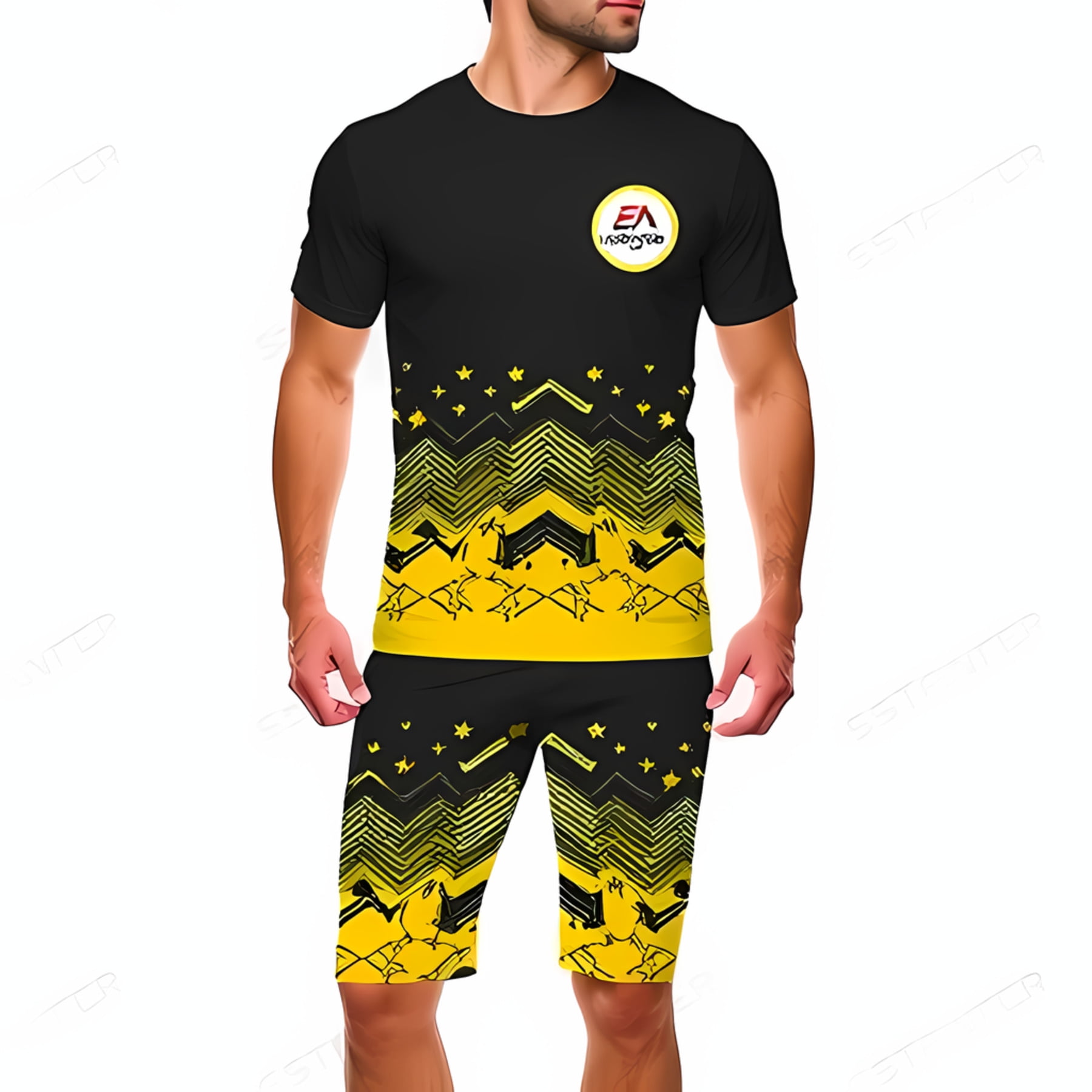 Stylish Black and Yellow Athletic T-Shirt and Shorts Set with Zigzag ...