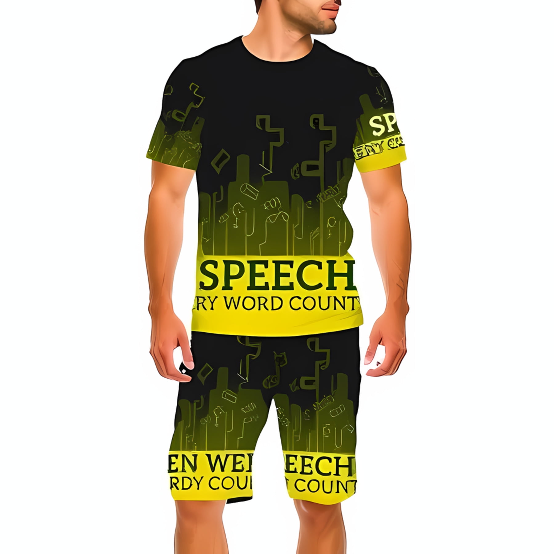 Stylish Black and Yellow T-Shirt and Shorts Set with Bold Cityscape ...