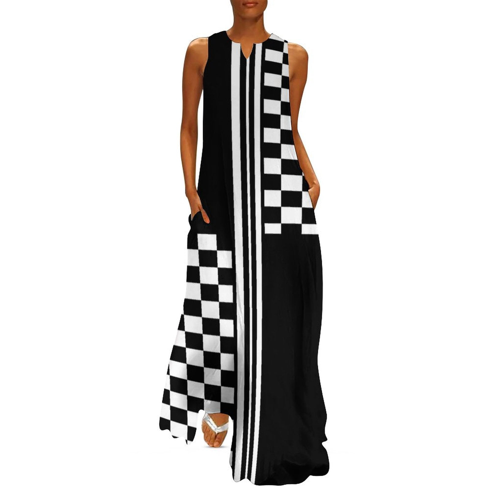 Stylish Black and white check and stripes Long Dress beach outfits for ...