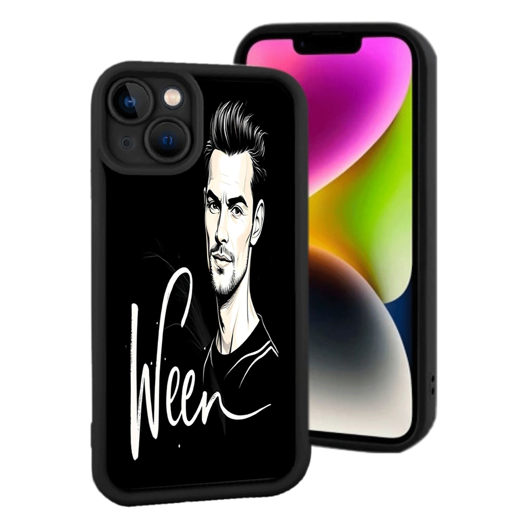 Stylish Black iPhone 15 Case with Spiked Hair Man Illustration & ' Ween ...