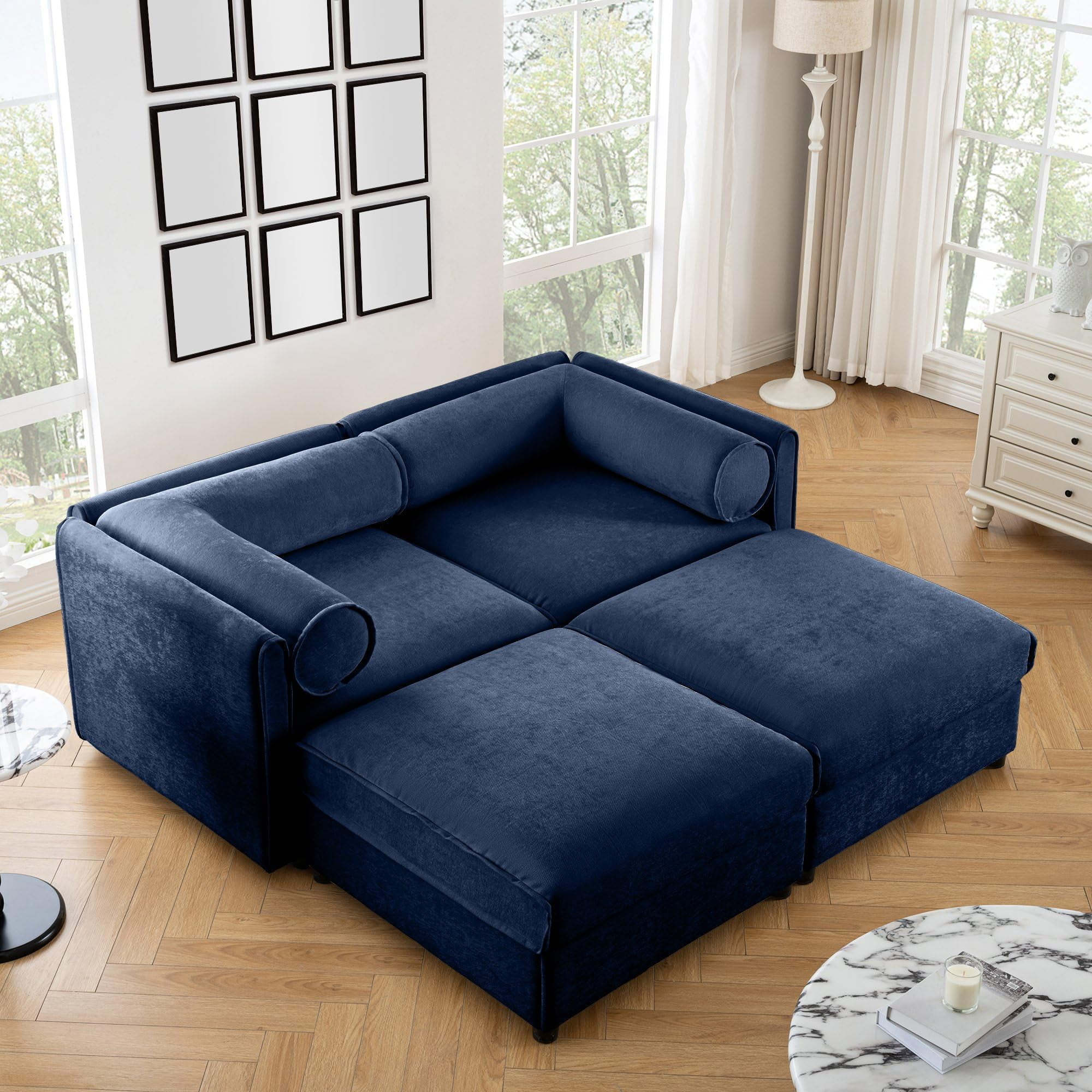 Stylish Blue Couch Chenille 2 Seater Couch with 2 Ottoman Storage Seat ...