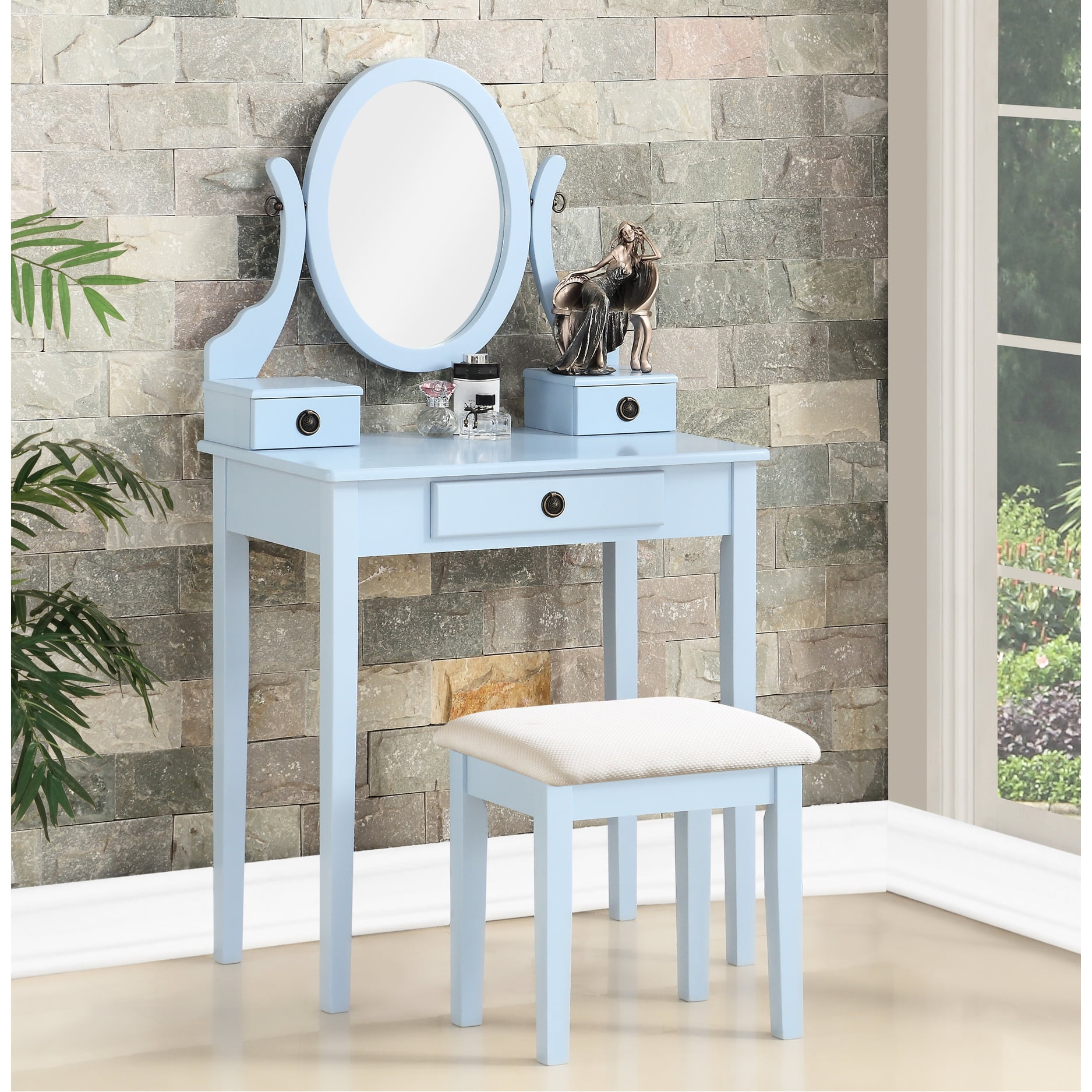 Stylish Blue Makeup Vanity Table - 3 Drawers Storage, Adjustable Mirror ...