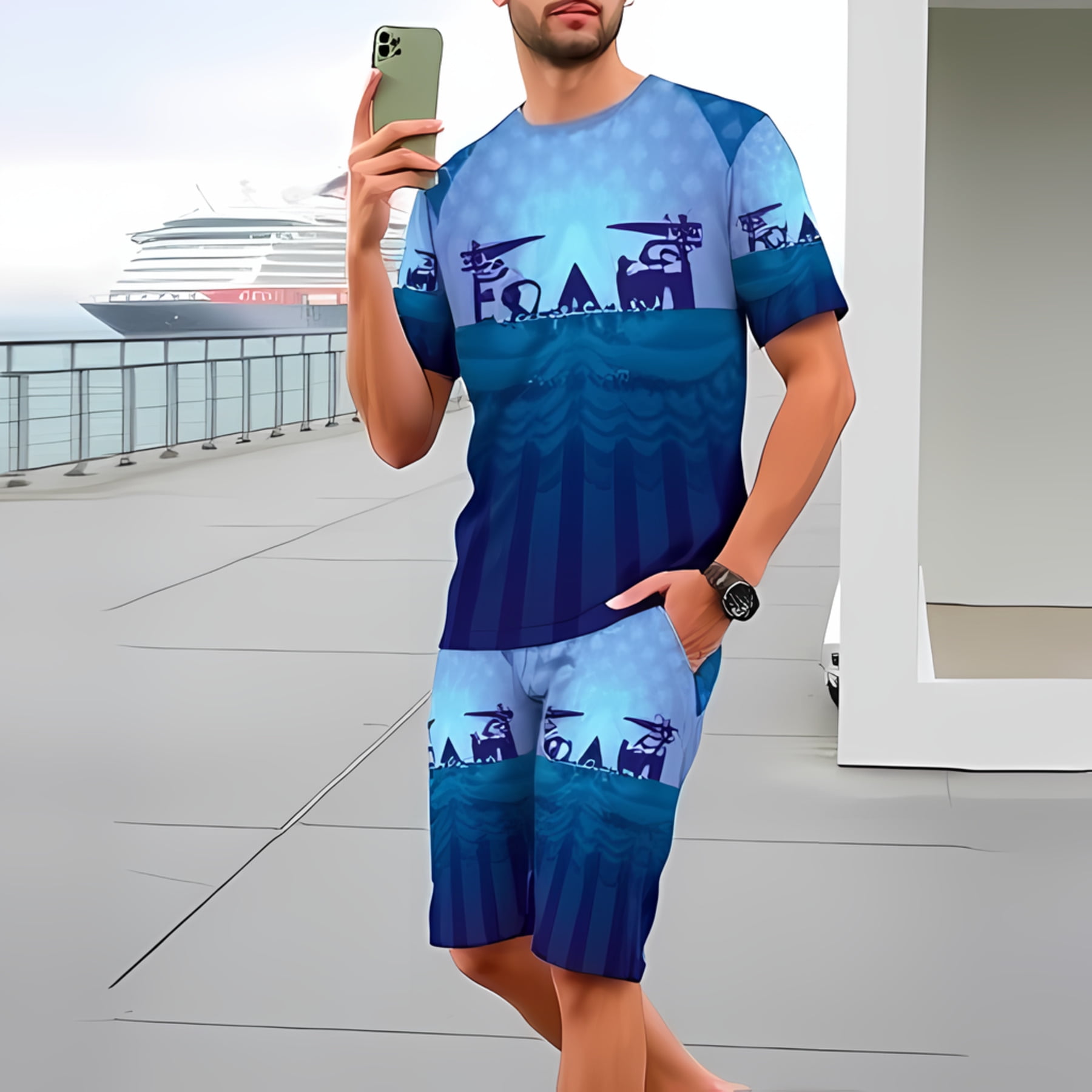 Stylish Blue Ocean Wave Pattern T-Shirt and Shorts Set for Trendy ...