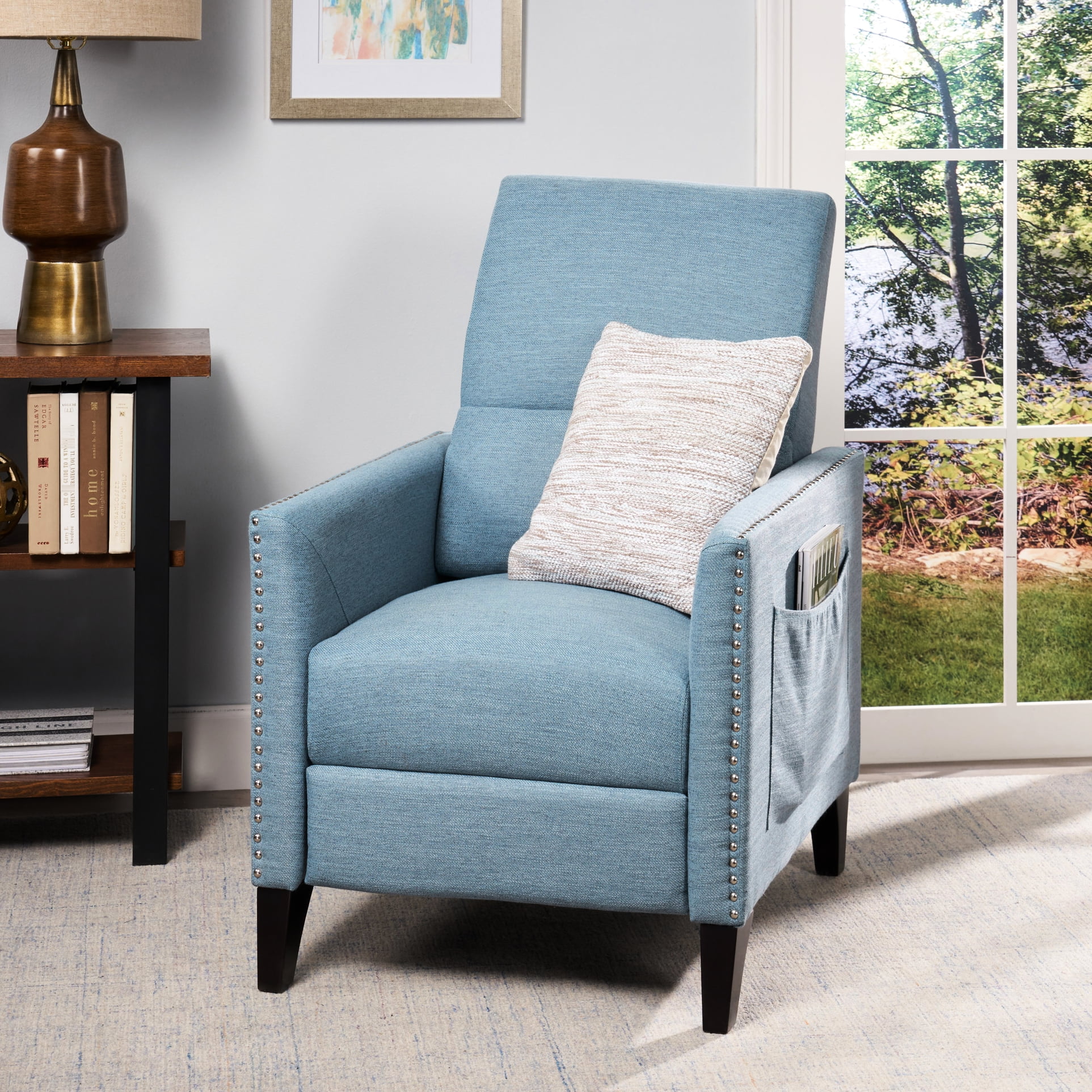 Stylish Blue Reclining Chair With Elegant Push-back Feature And Birch ...
