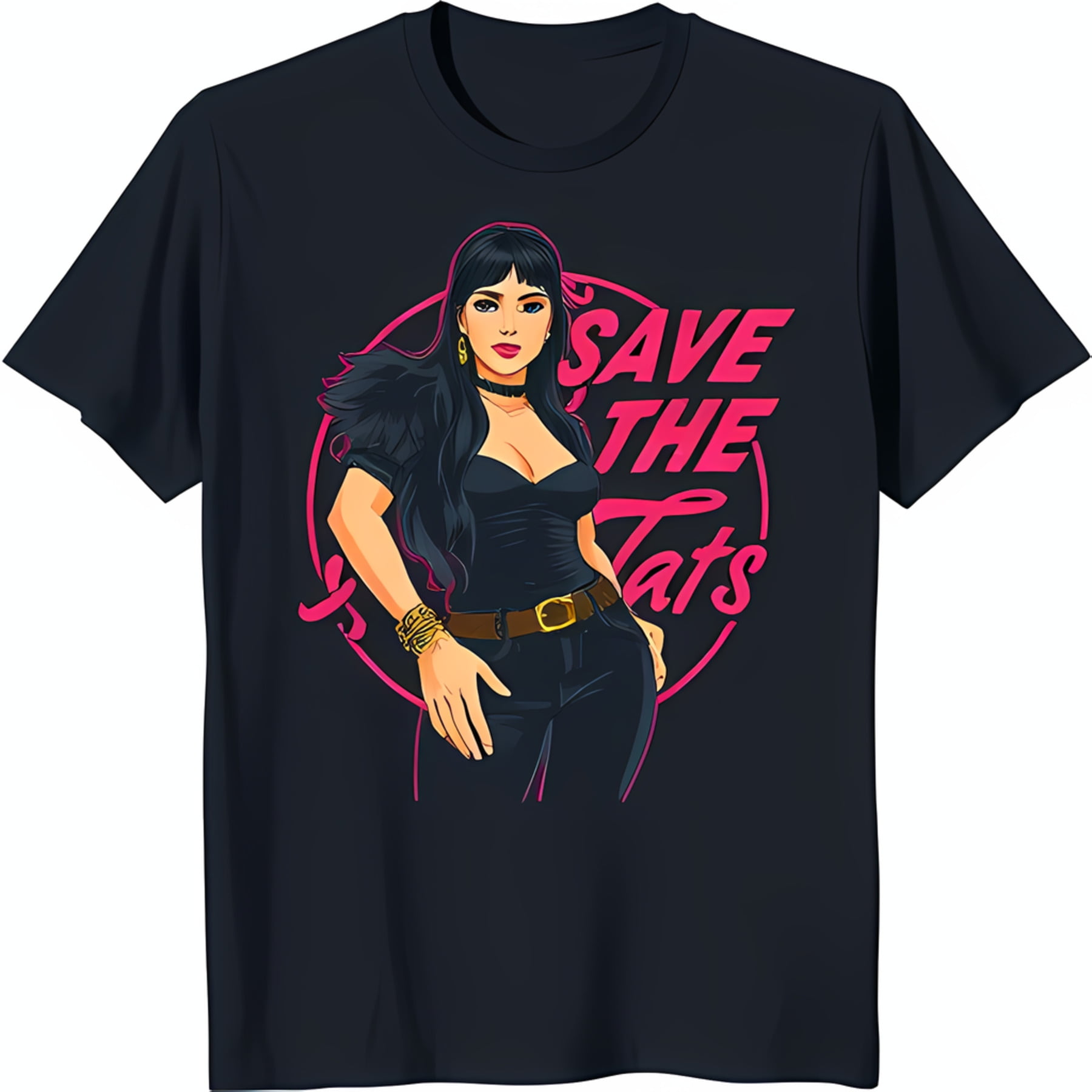 Stylish Blue T-Shirt with Bold 'Save the Tats' Graphic & Chic Woman ...