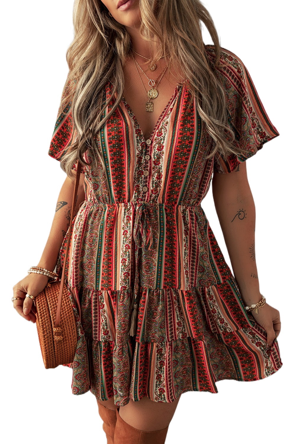 Stylish Boho Floral Dress - Short Sleeve V Neck with Ruffle Layers for ...