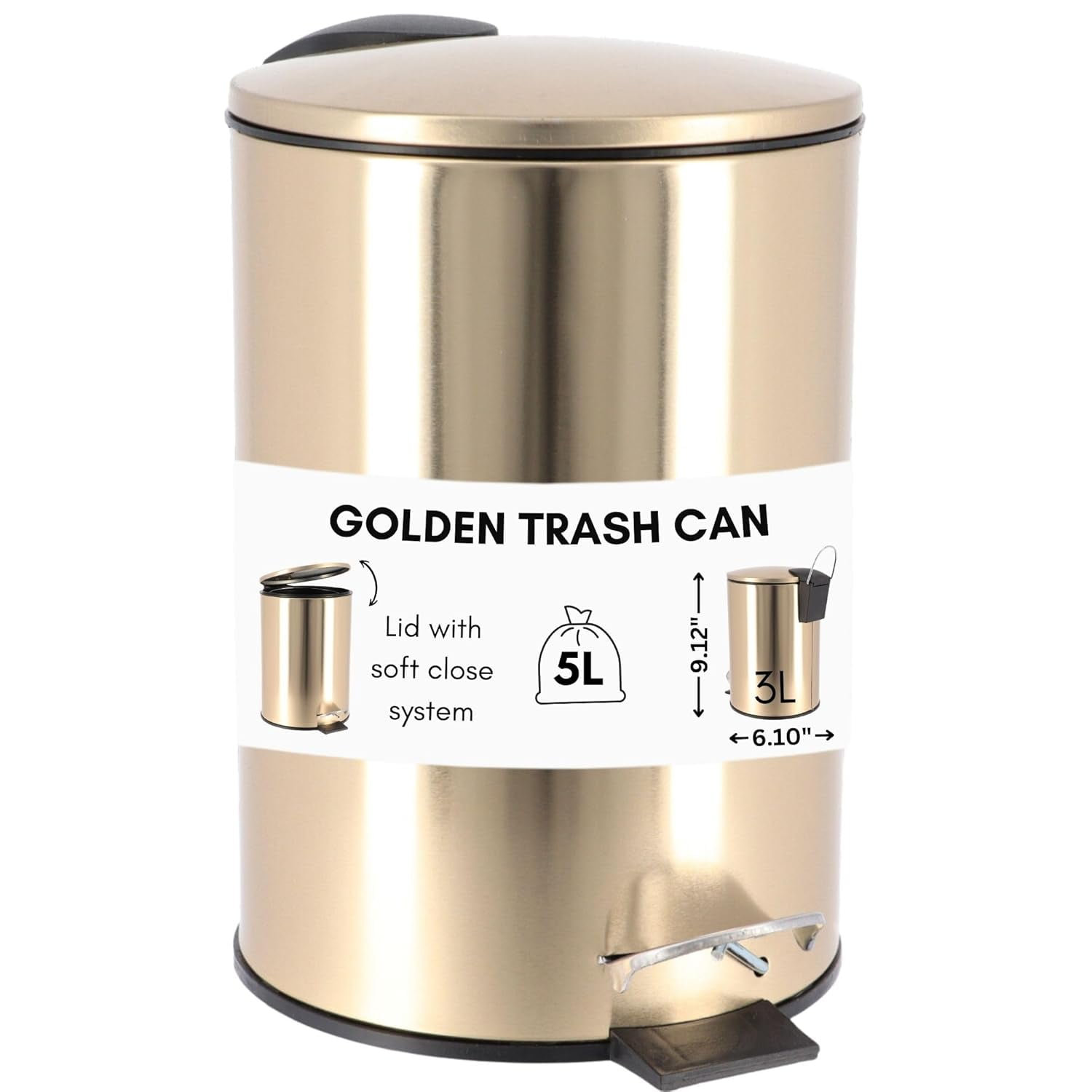 Stylish Brushed Gold Trash Can with Soft Close Lid – 3 Liters (0.8 ...