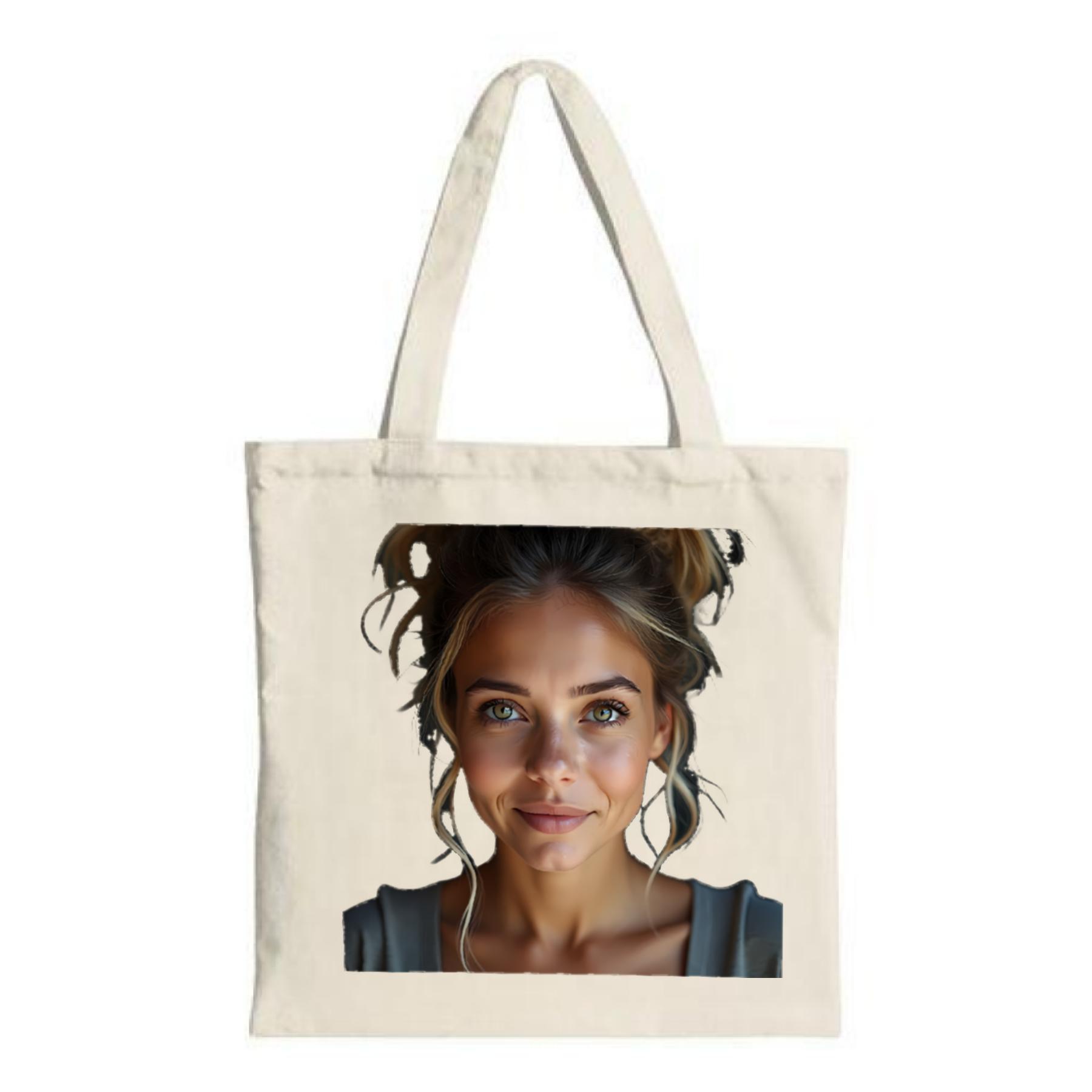 Stylish Canvas Tote Bag featuring a printed face with light brown curly ...