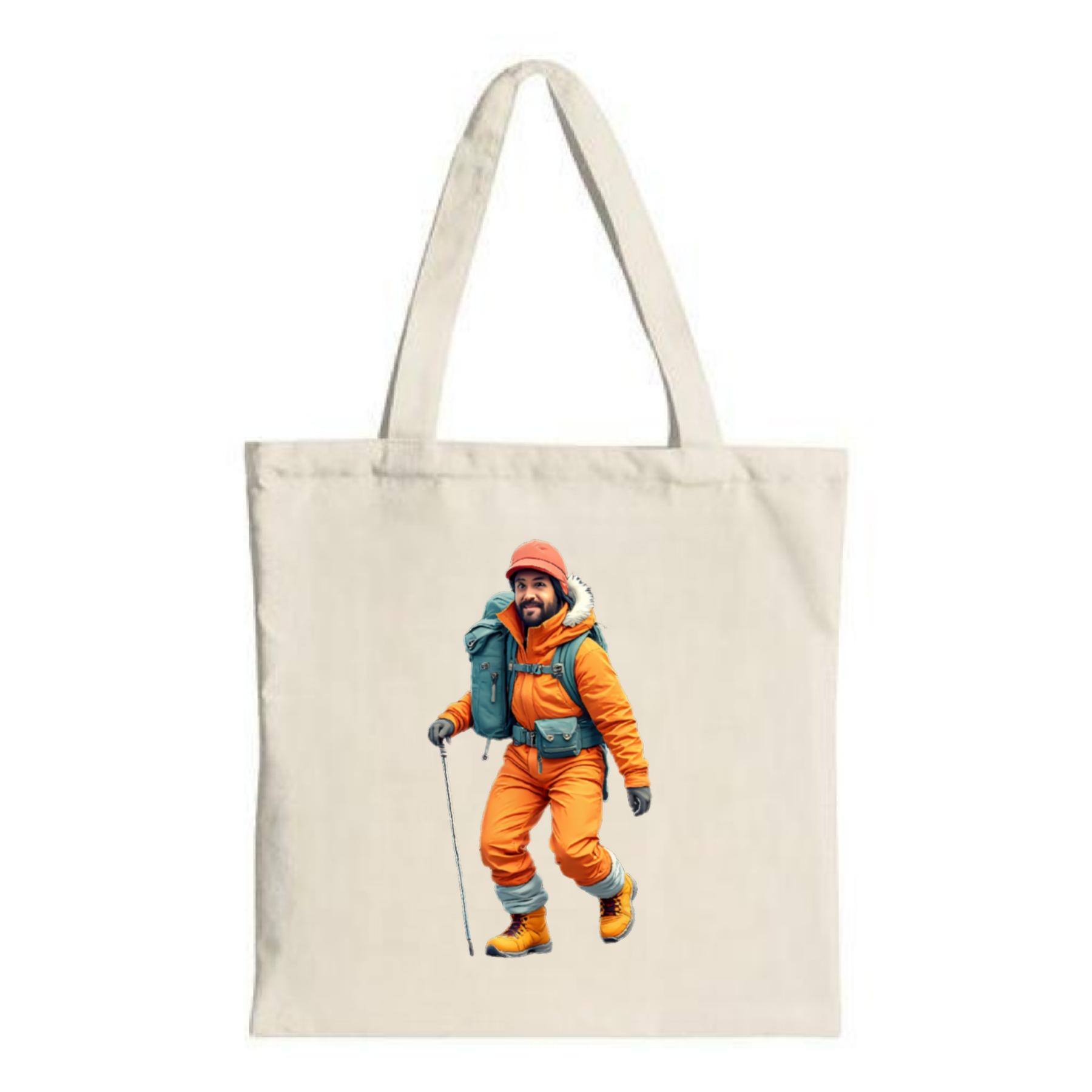 Stylish Canvas Tote Bag featuring a vibrant orange - clad hiker with a ...