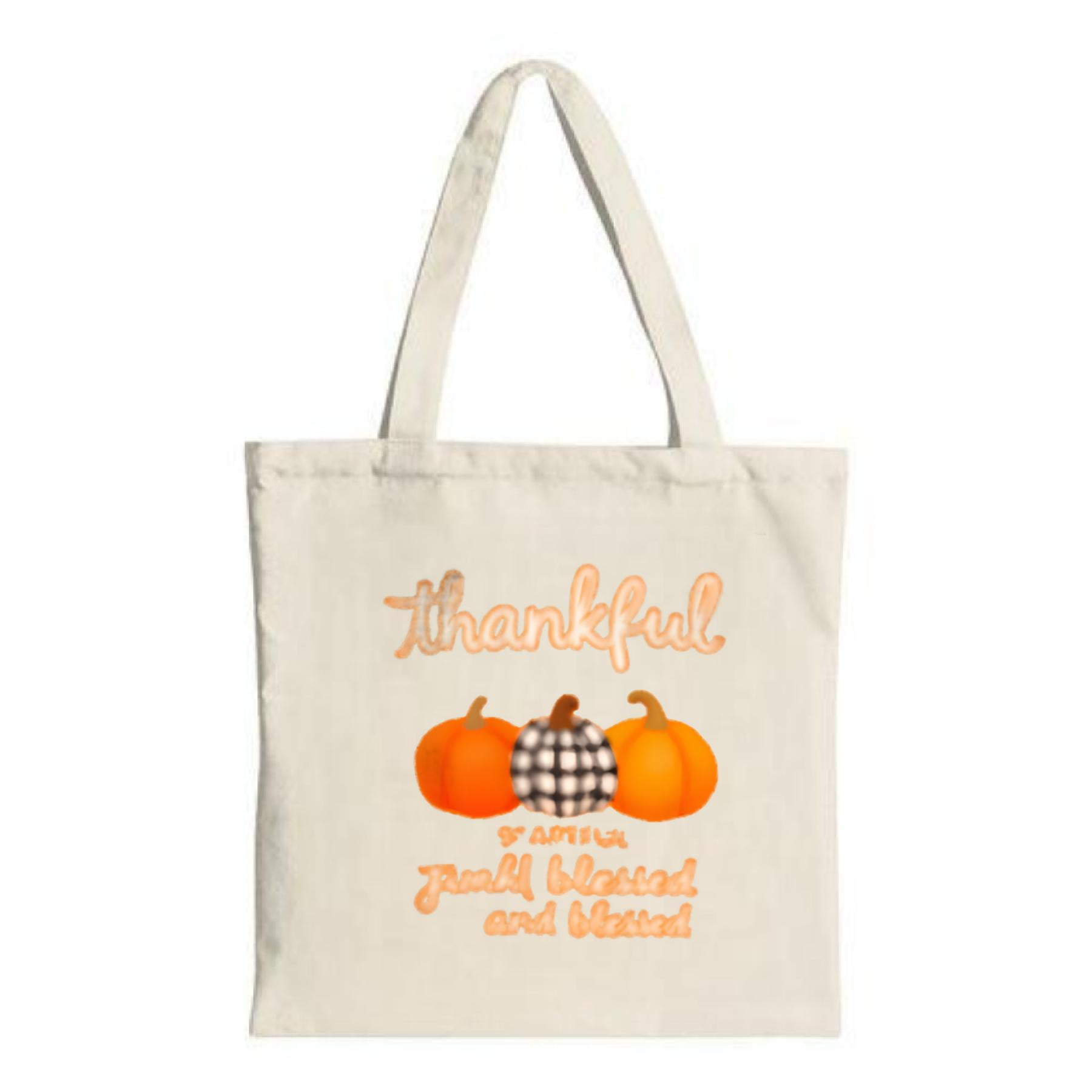 Stylish Canvas Tote Bag with 3 Pumpkins: 2 Checkered Orange & 1 Solid ...